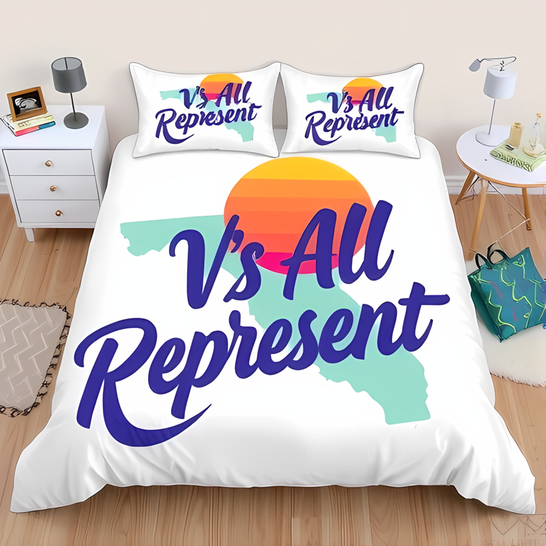 3-Piece Duvet Cover Set - Crisp White with Teal Outline Retro Sunset ...