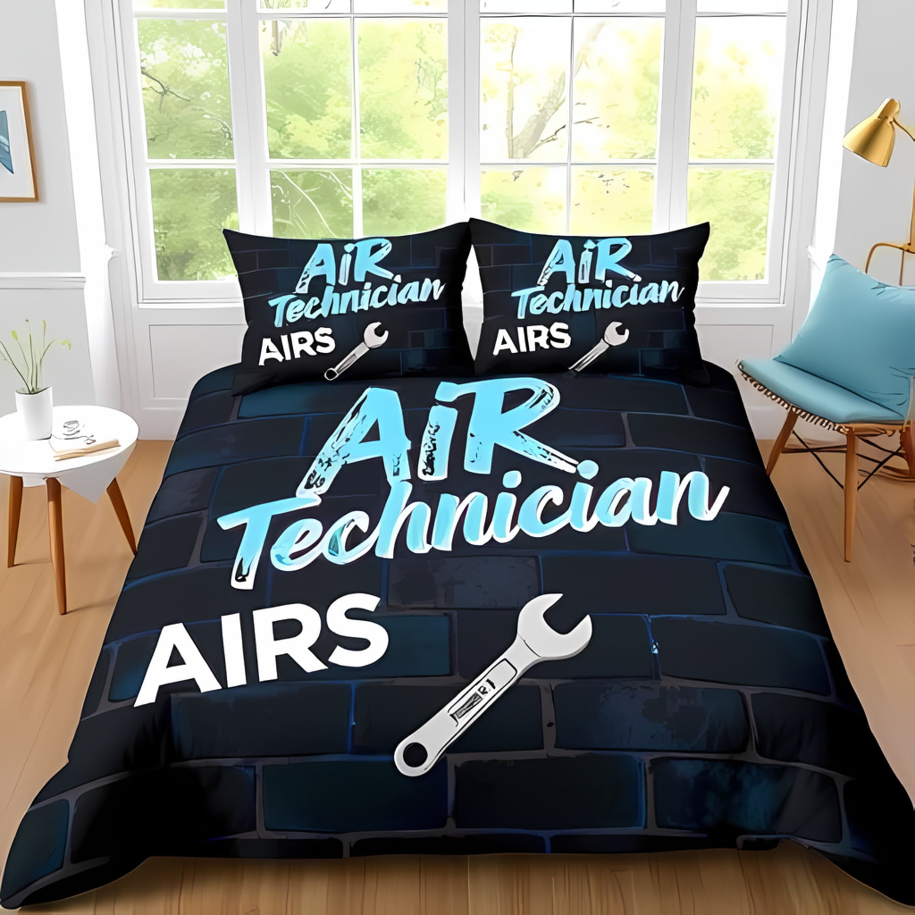 3-Piece Duvet Cover Set - Dark Blue Brick Pattern with 'AIR Technician ...