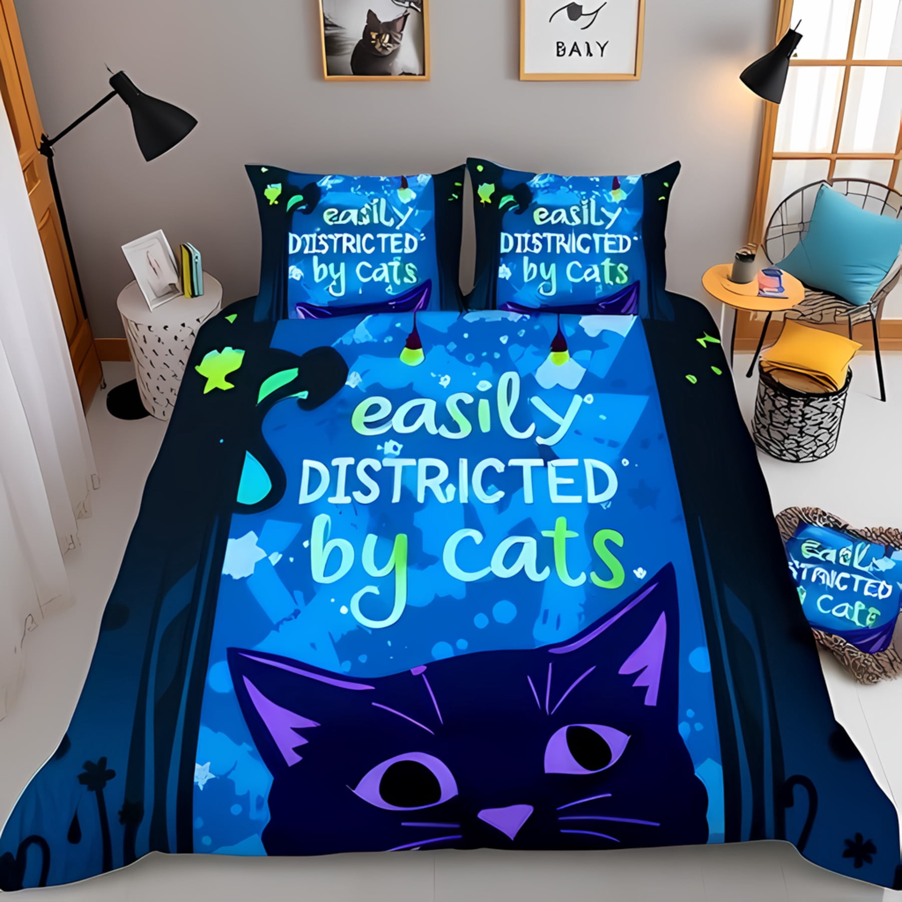 3-Piece Duvet Cover Set - Dark Blue Starry Pattern with Playful Purple ...