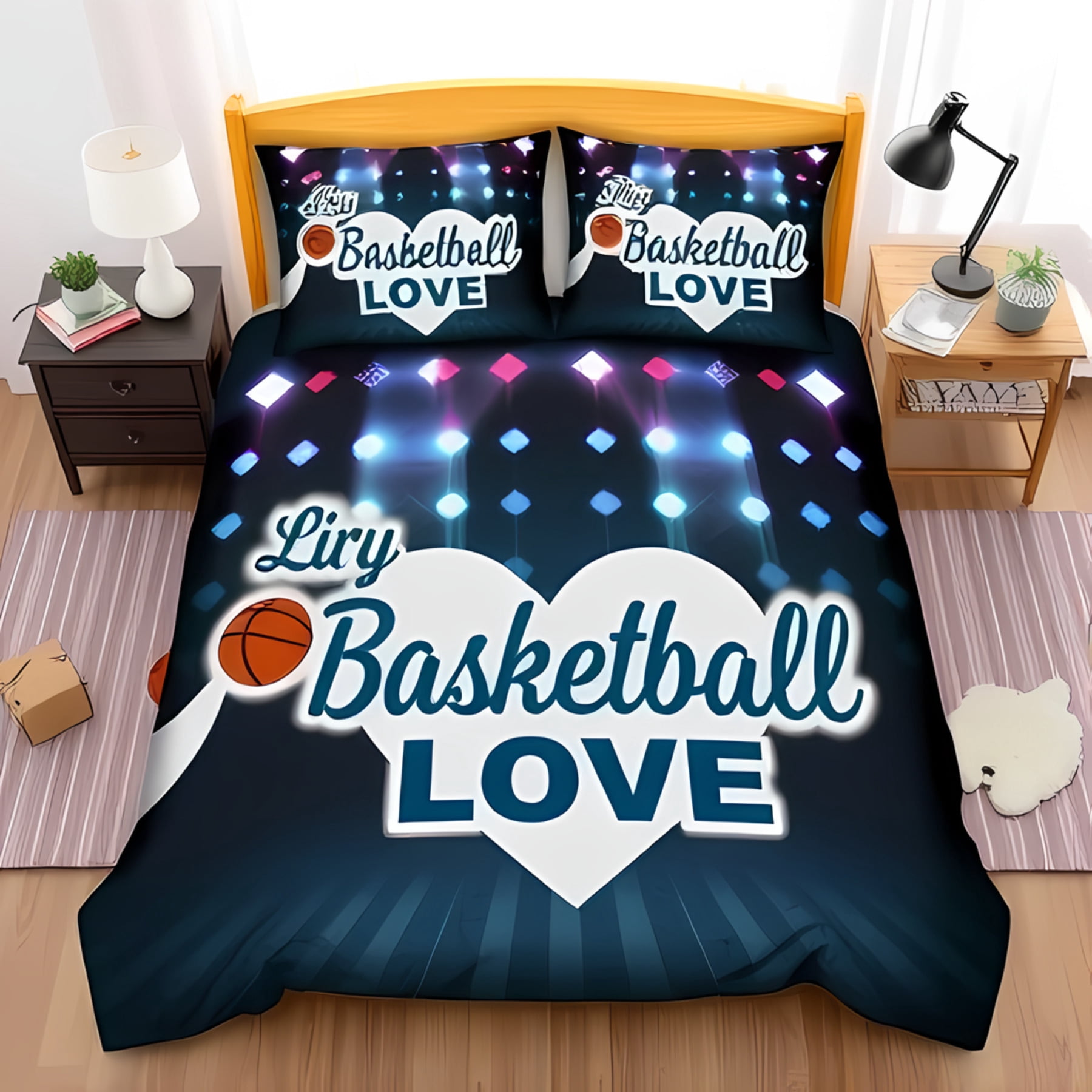 3-Piece Duvet Cover Set - Dark Blue with White Heart & Basketball ...