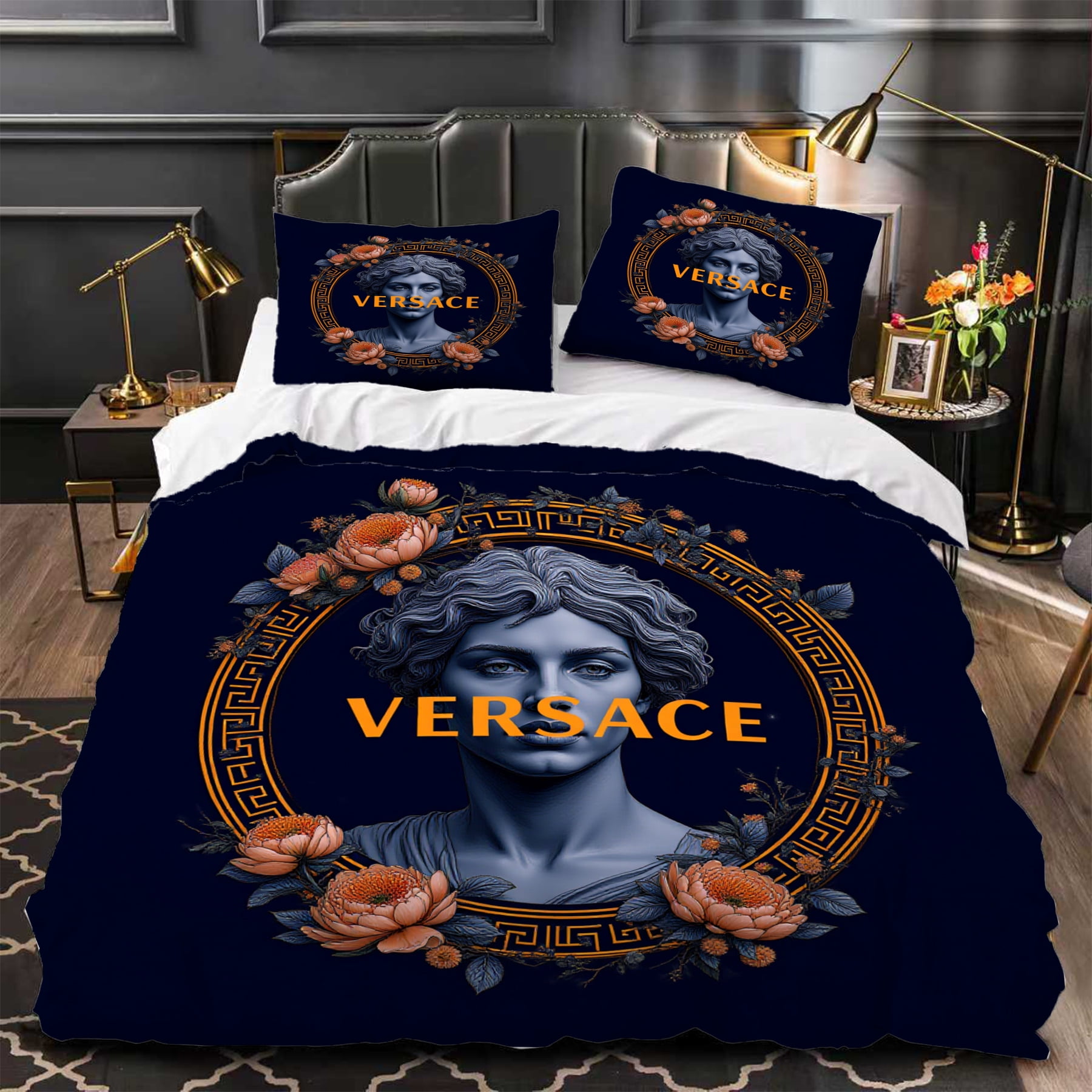 3-Piece Duvet Cover Set - Dark Blue with Classical Woman Artwork Orange ...
