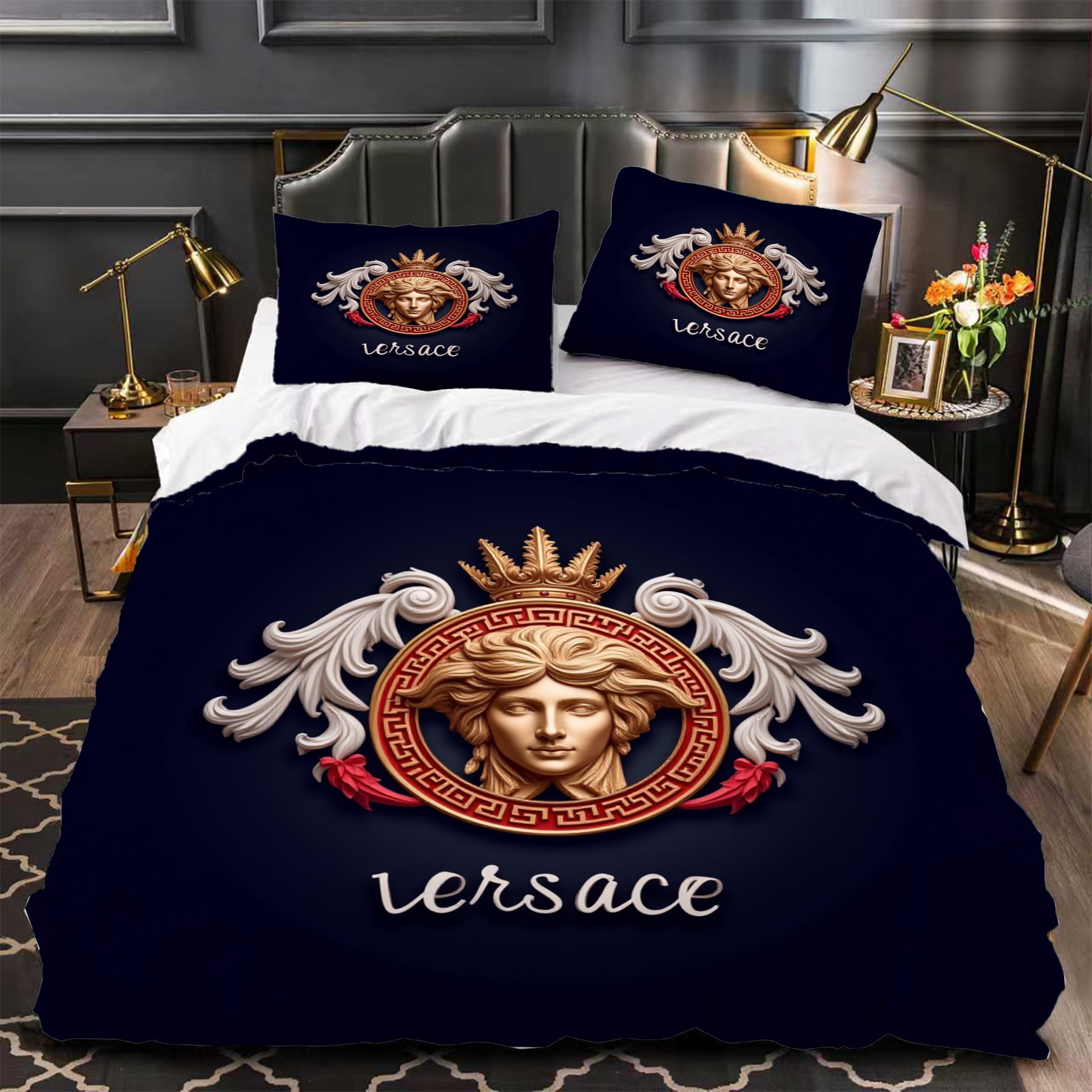 3-Piece Duvet Cover Set - Dark Blue with Golden Lion Emblem & Intricate ...