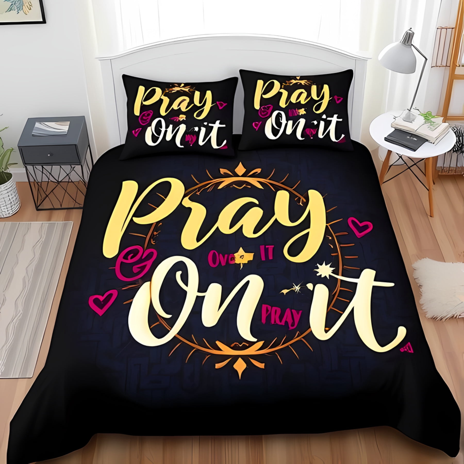 3-Piece Duvet Cover Set - Dark Comforter with " Pray On It " in White ...