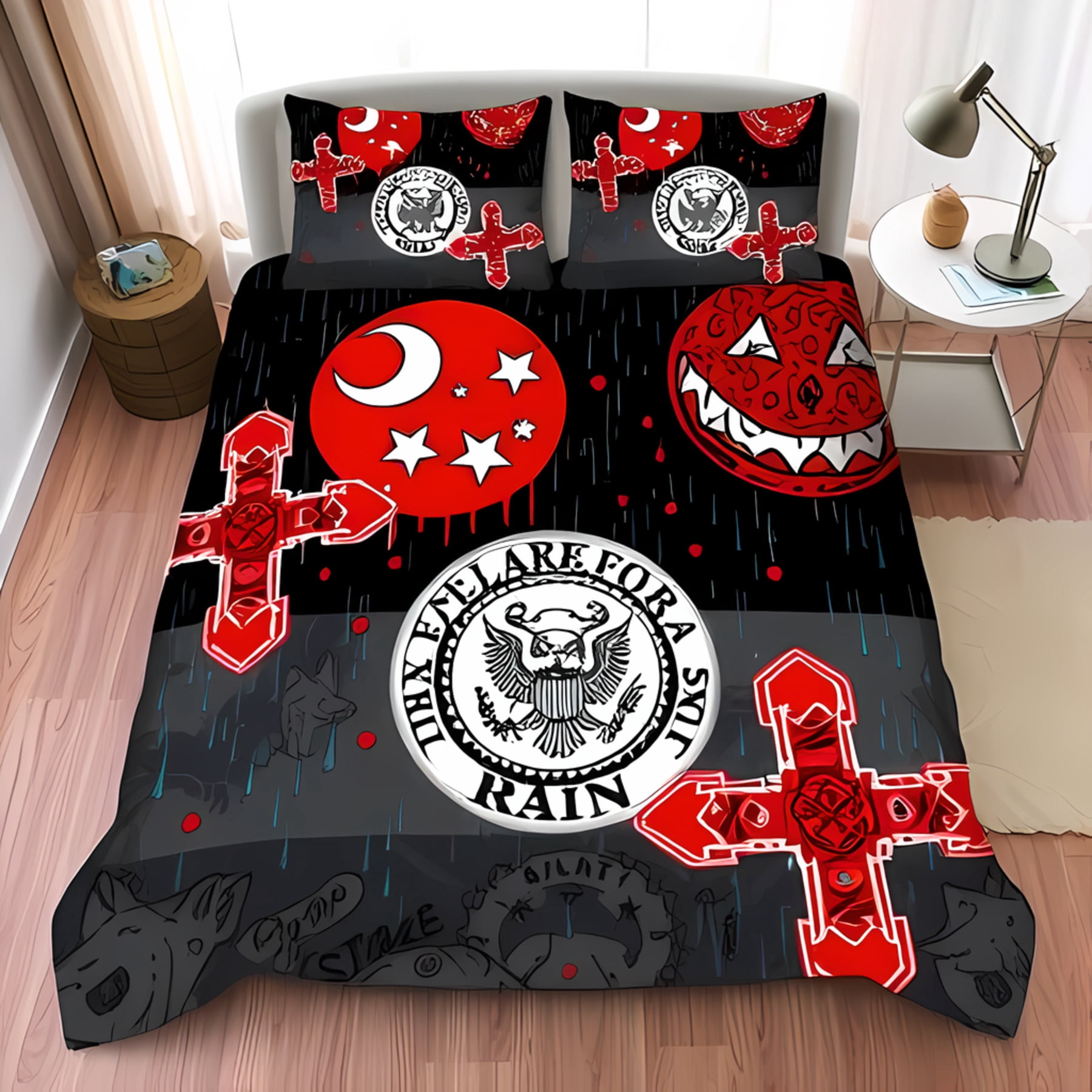 3-Piece Duvet Cover Set - Dark Fantasy Bedding Wings Red & Stars Design ...