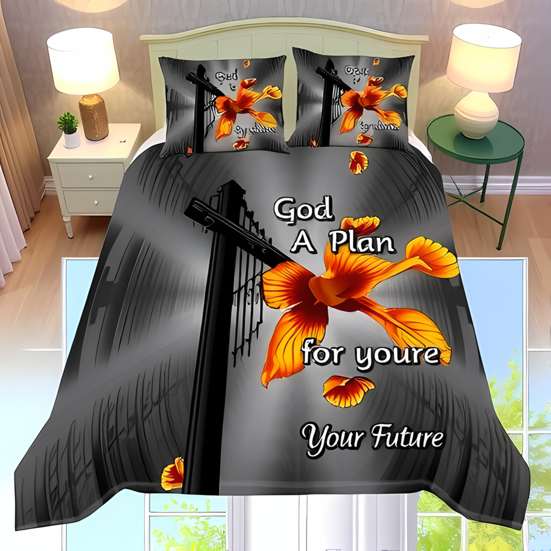 3-Piece Duvet Cover Set with Dark Gray Background Orange Flower & Black ...