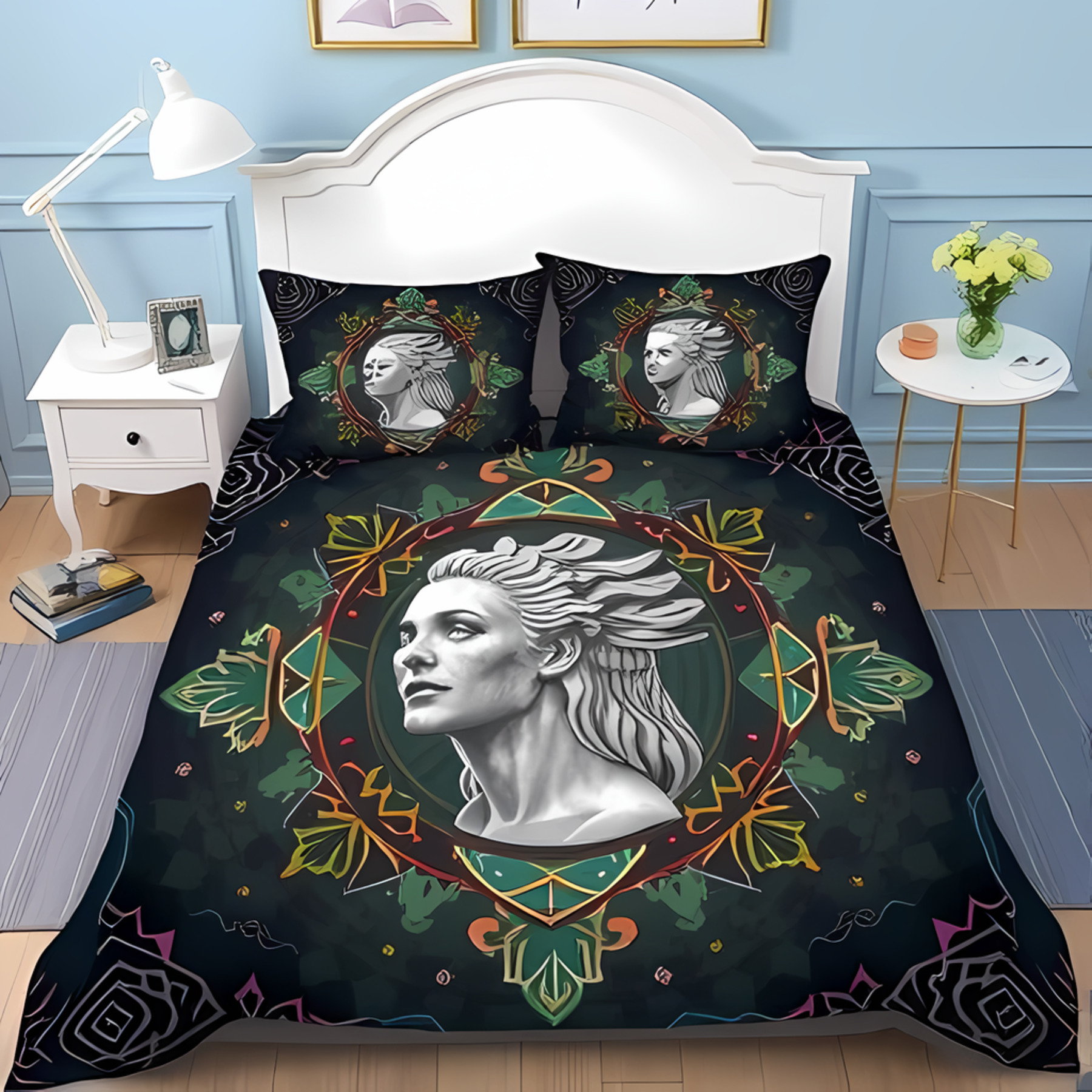 3-Piece Duvet Cover Set - Dark Green with Sculptural Woman Elegant ...