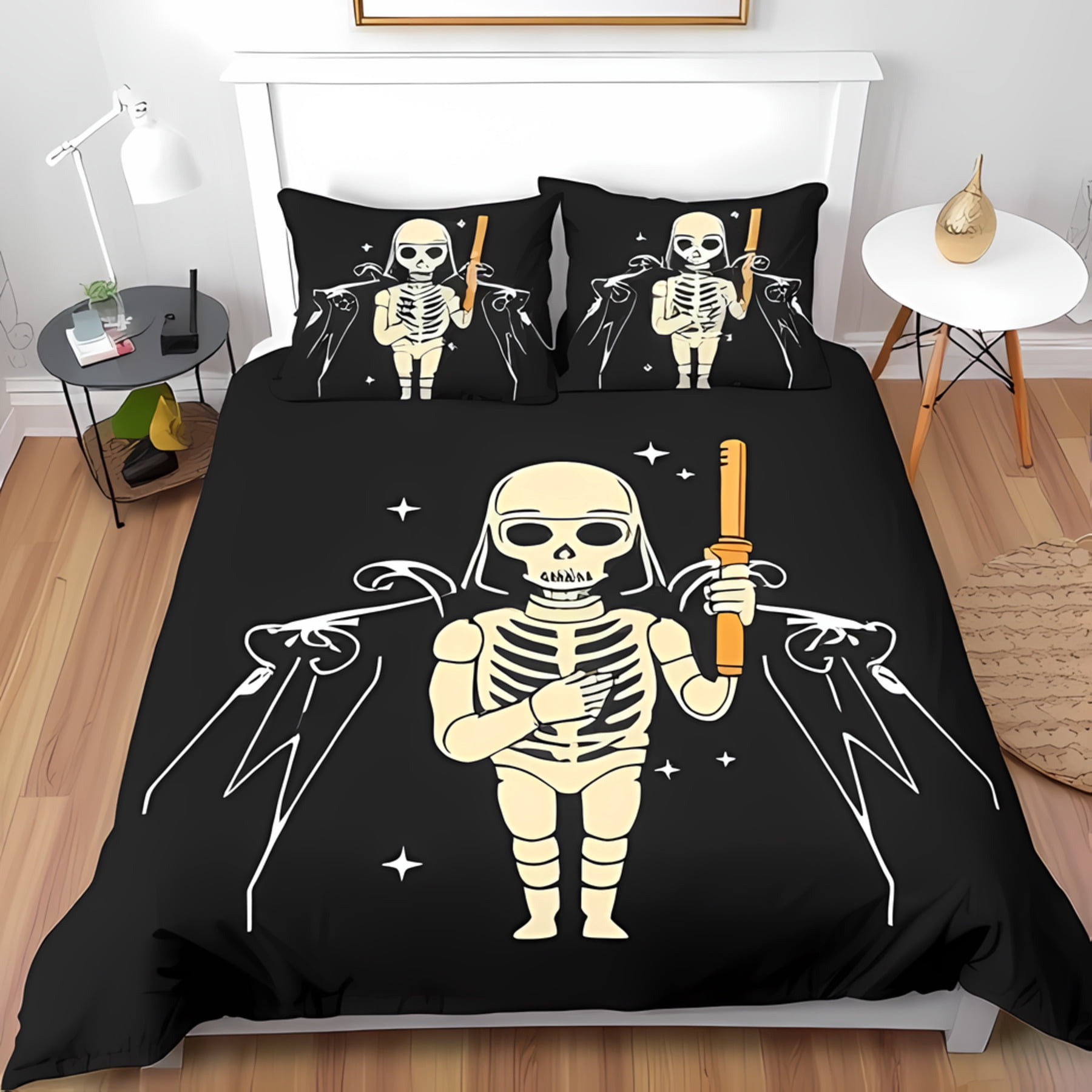 3-Piece Duvet Cover Set - Dark Humor Skeleton Design with Starry ...