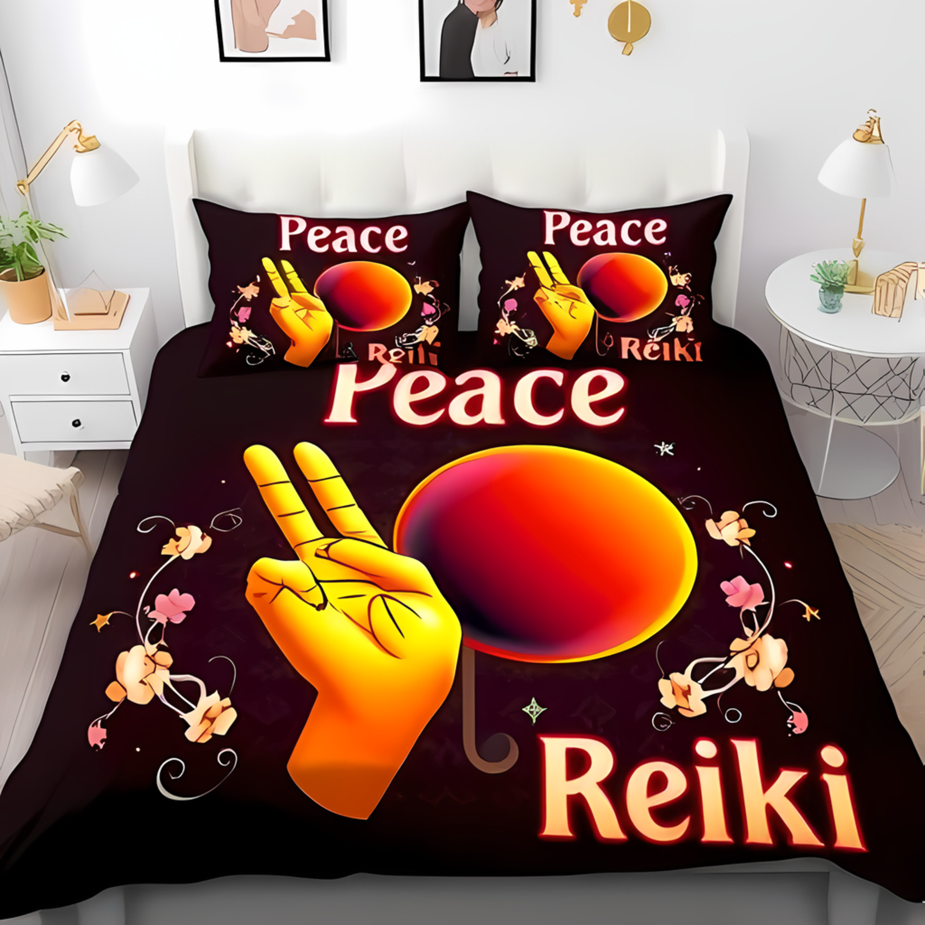 3-Piece Duvet Cover Set - Dark with Golden Peace Sign Hands Fiery Orbs ...