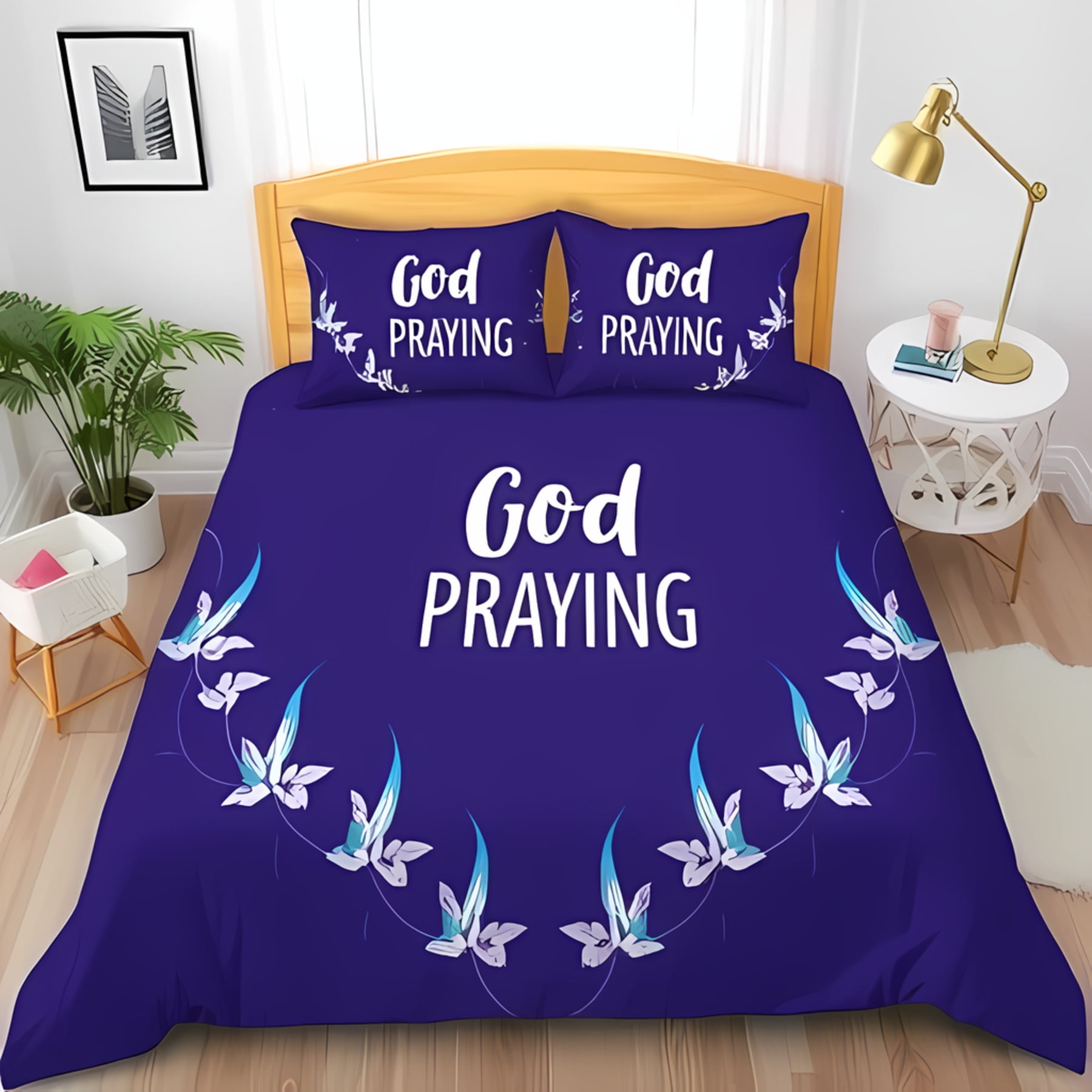 3-Piece Duvet Cover Set - Deep Purple with " God PRAYING " Text Light ...