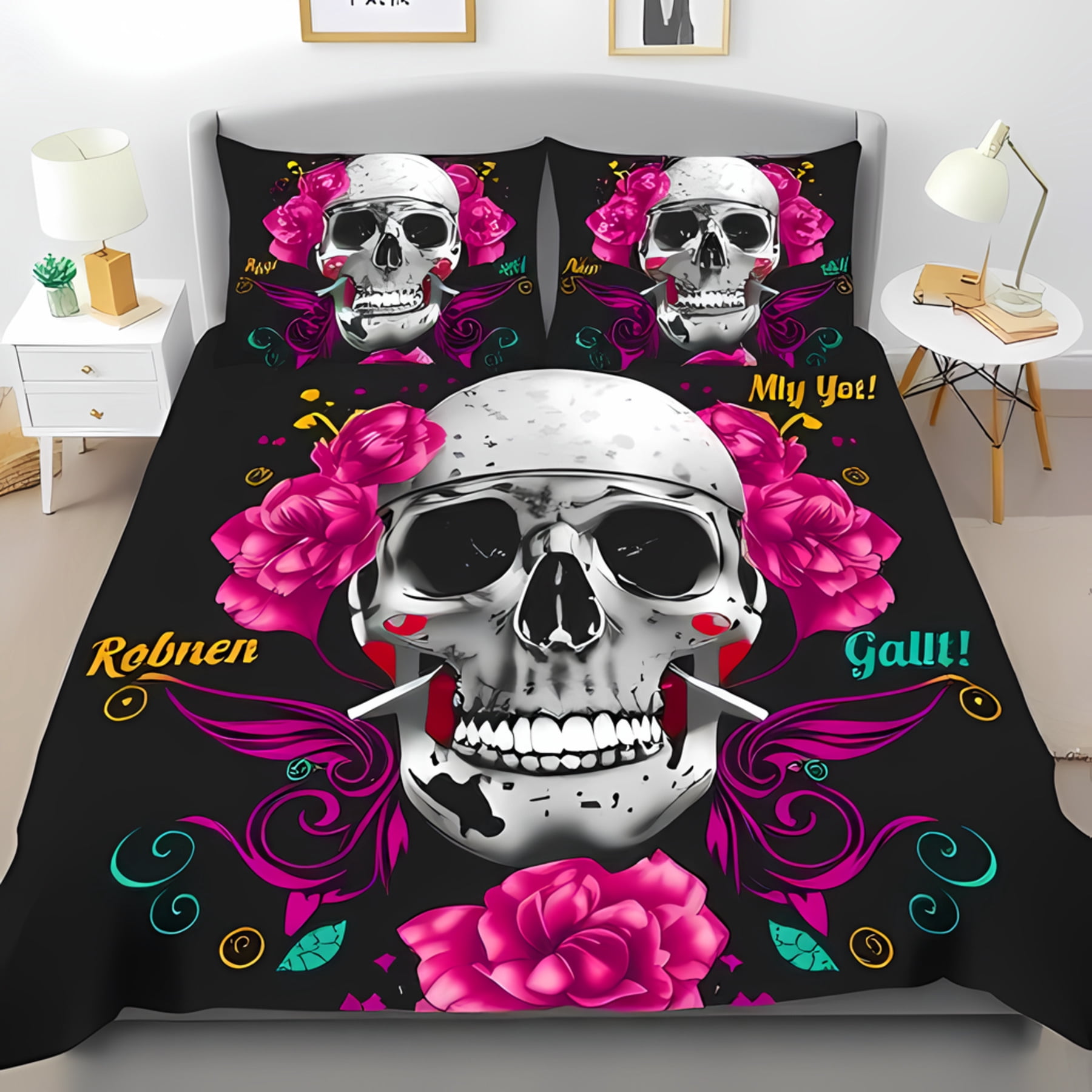 3-Piece Duvet Cover Set - Design with Pink Roses Colorful Patterns ...