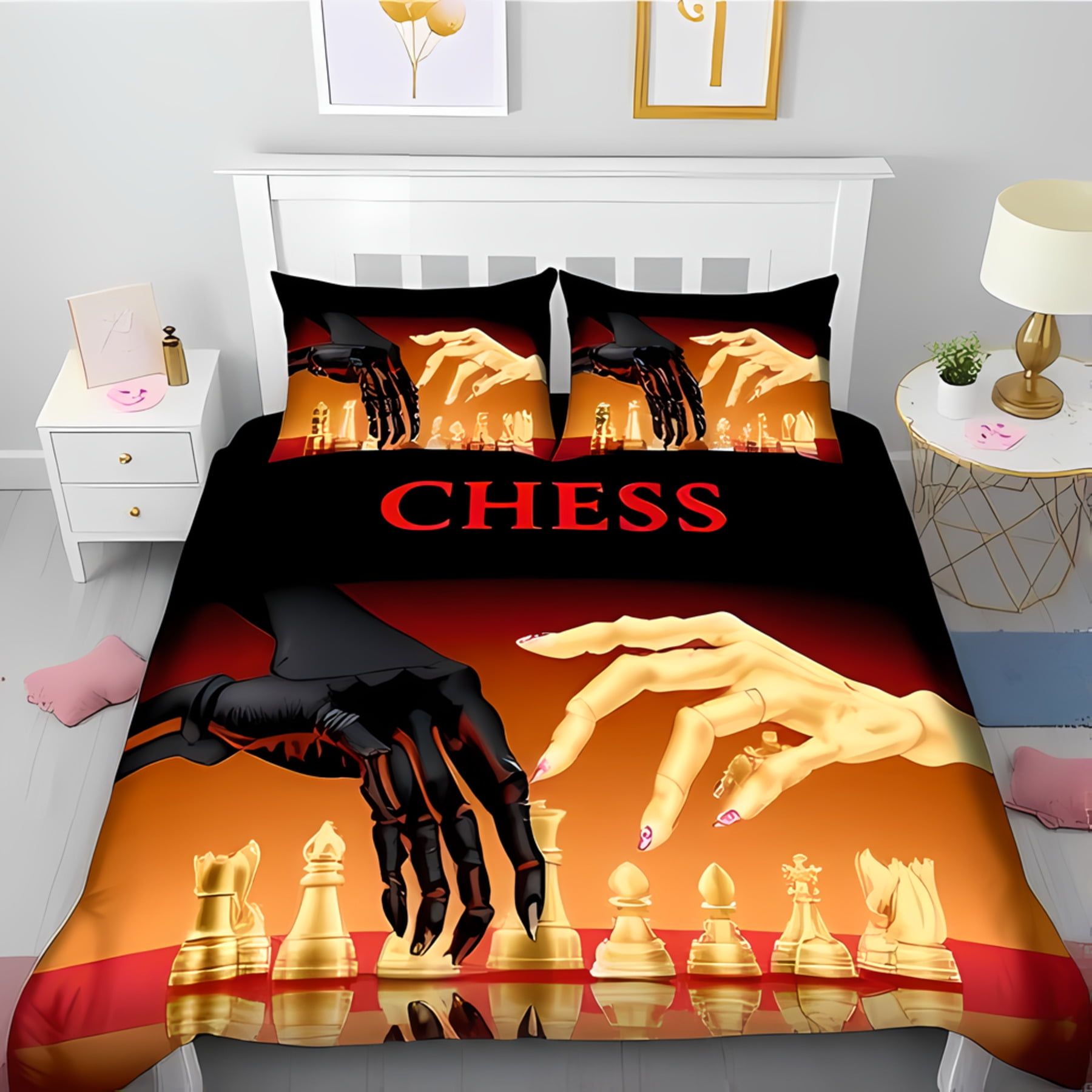 3-Piece Duvet Cover Set - Dramatic Chess Match Design with Skeletal Hands & Golden Pieces Orange ...