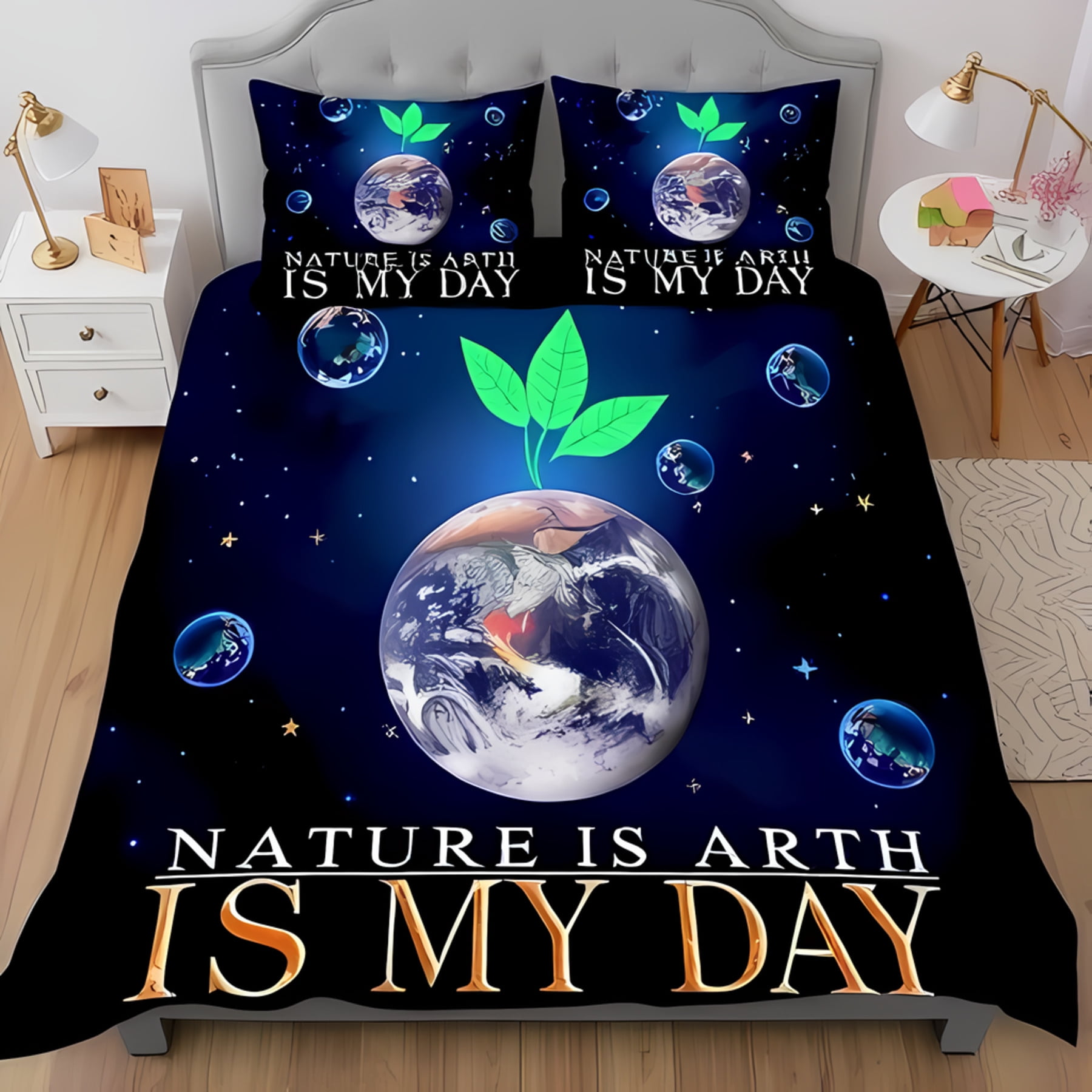 3-Piece Duvet Cover Set - Earth Design with Green Plant Deep Blue ...
