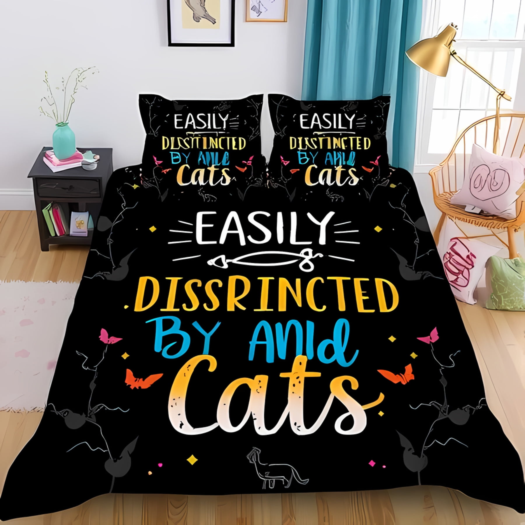 3-Piece Duvet Cover Set - "Easily Distracted by Cats" - Fun & Whimsical ...