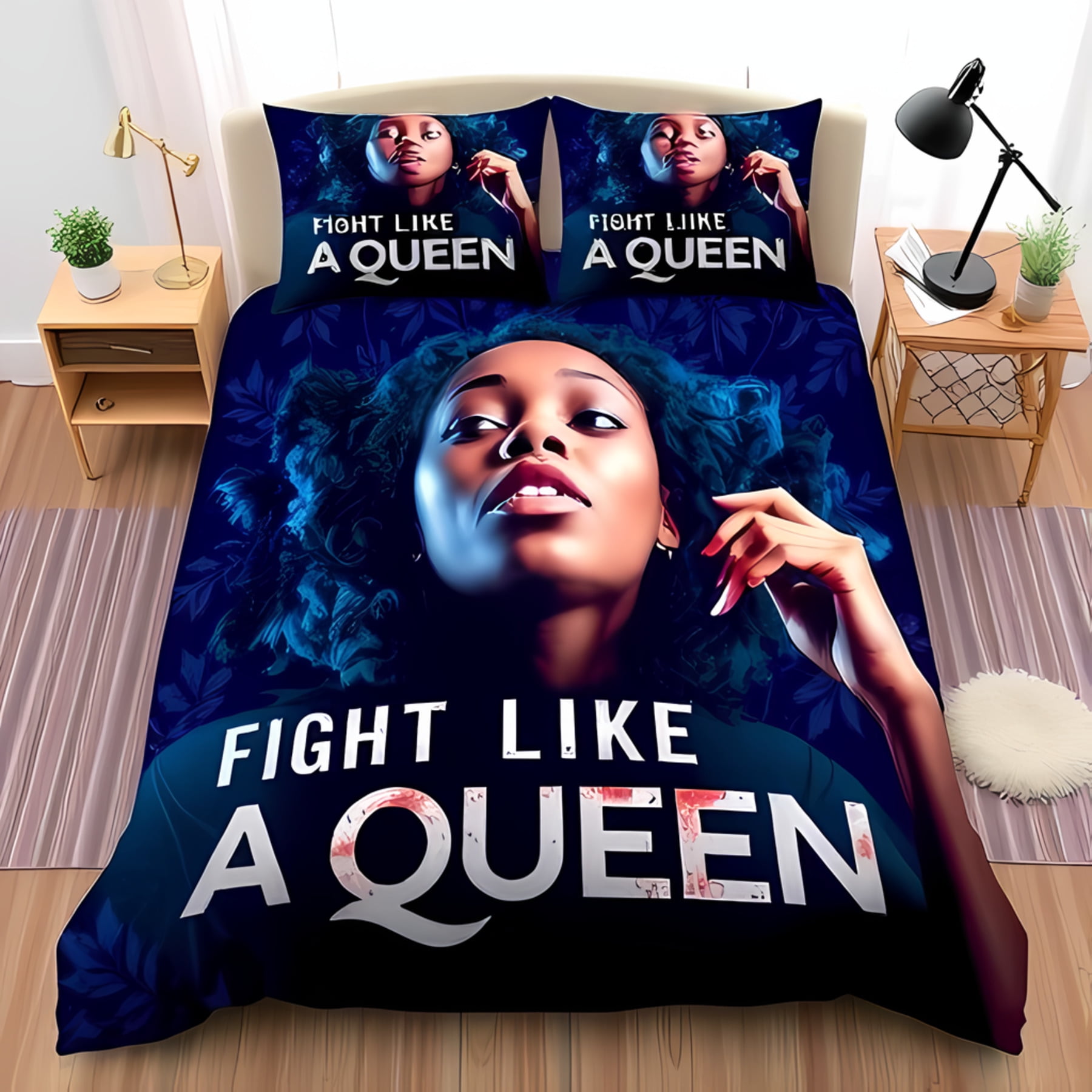 3-Piece Duvet Cover Set - Empowering with Blue Hair " FIGHT LIKE A QUEEN " Text Navy Background ...