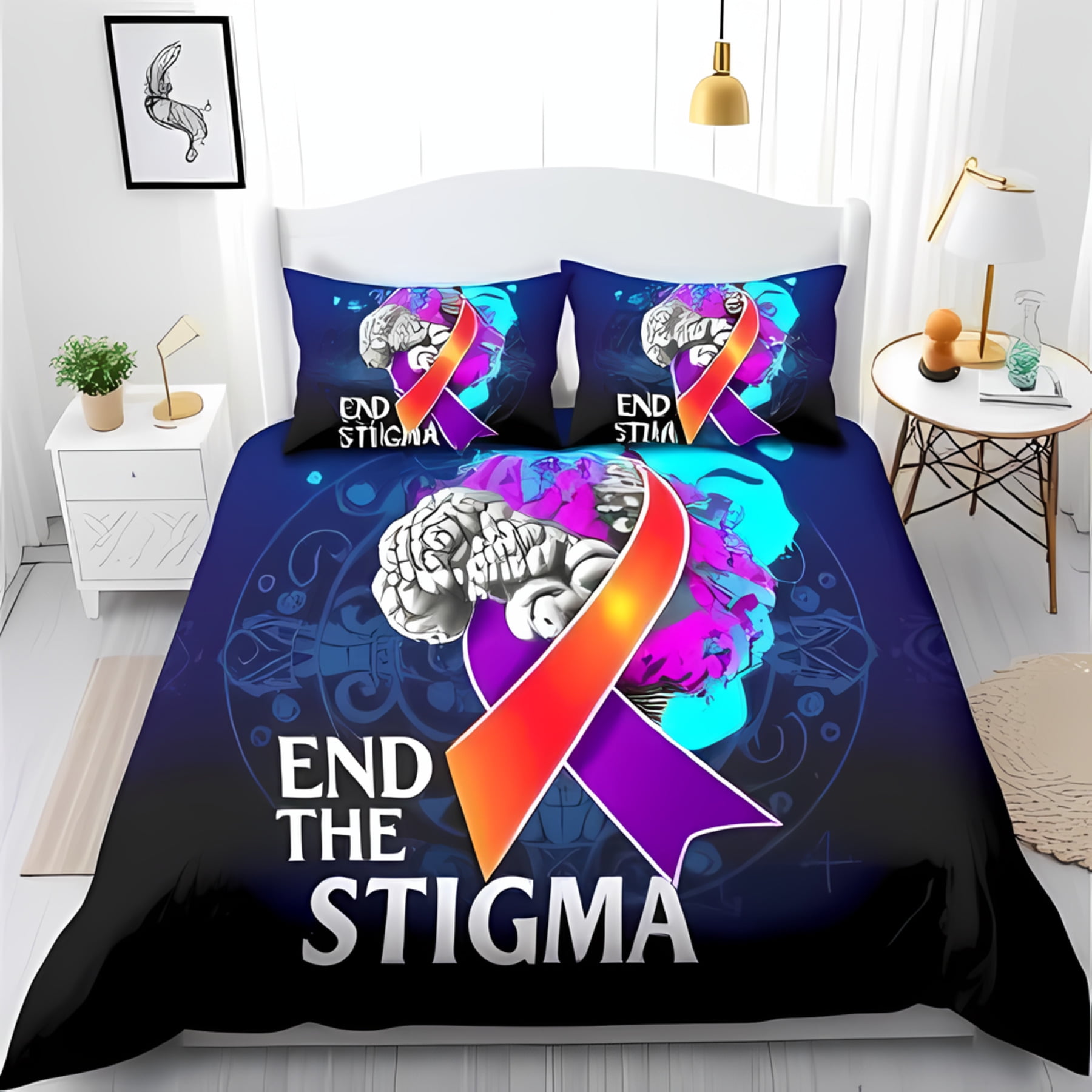 3-Piece Duvet Cover Set - " End the Stigma " Design with Brain Synapse ...