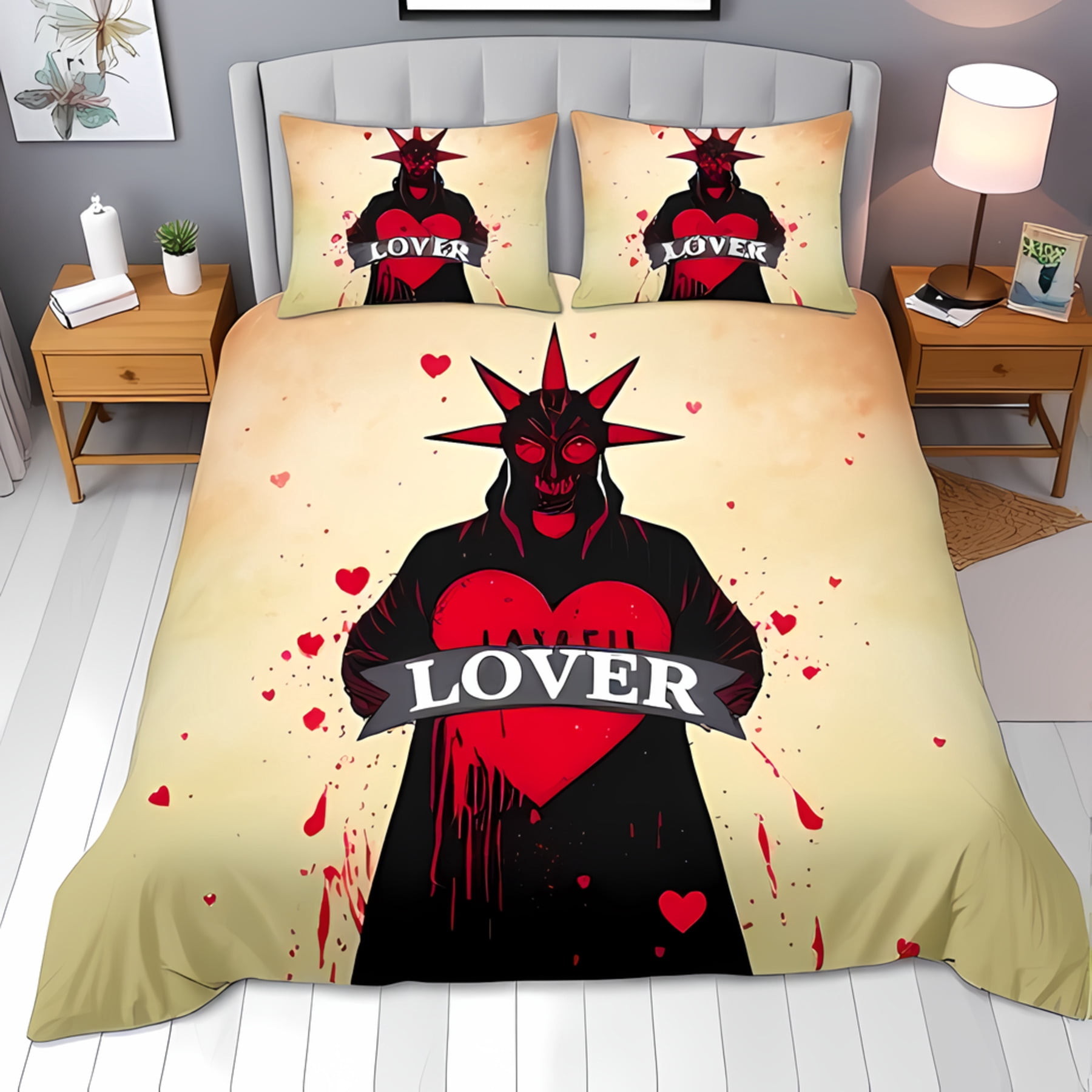 3-Piece Duvet Cover Set Faced Figure Spiky Crown & Dripping Heart ...
