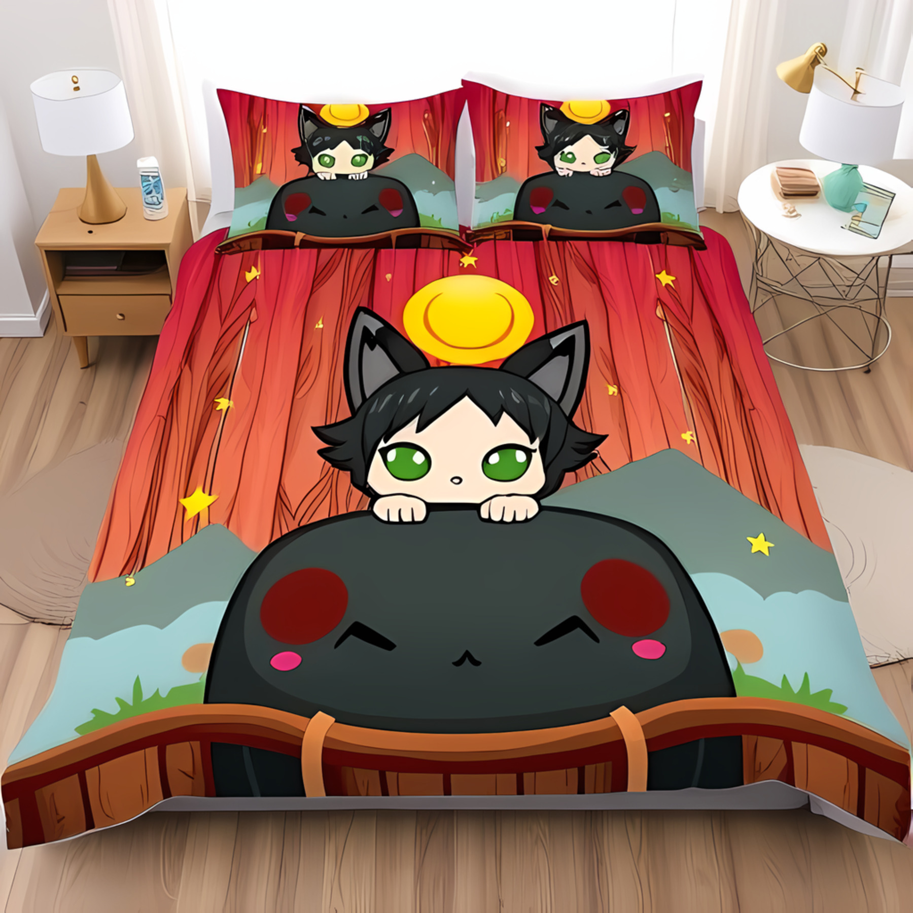 3-Piece Duvet Cover Set Featuring Adorable Black Cat & Whimsical ...