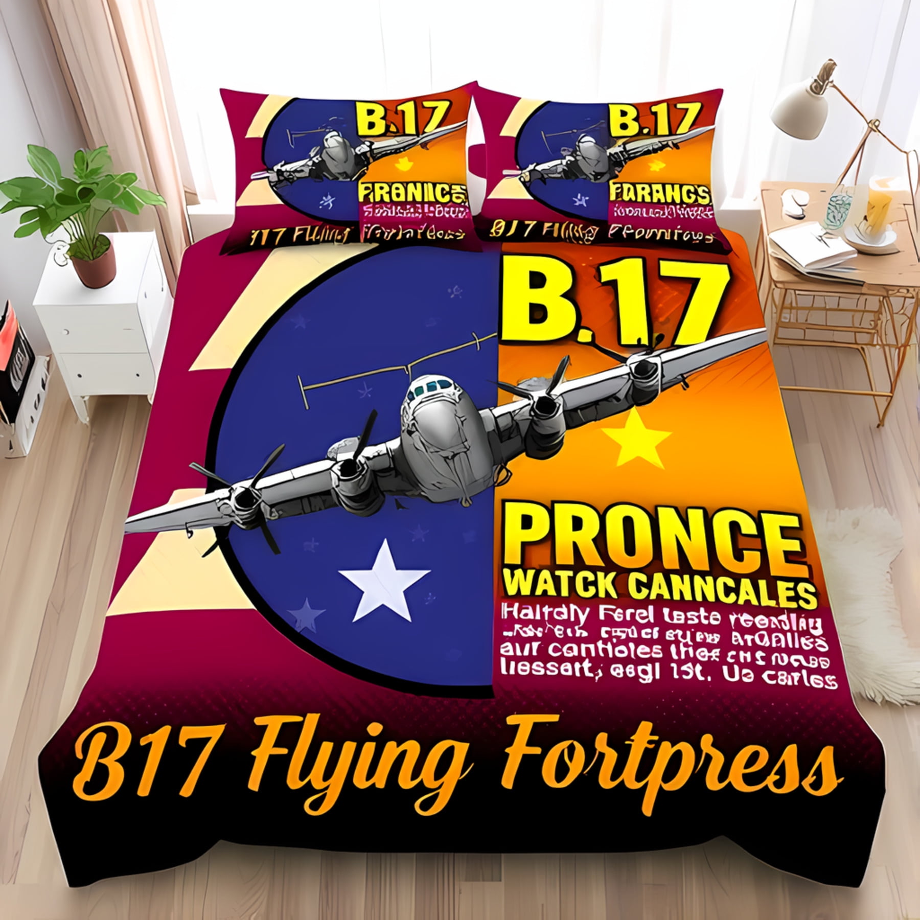 3-Piece Duvet Cover Set Featuring B-17 Flying Fortress Design in Bold ...