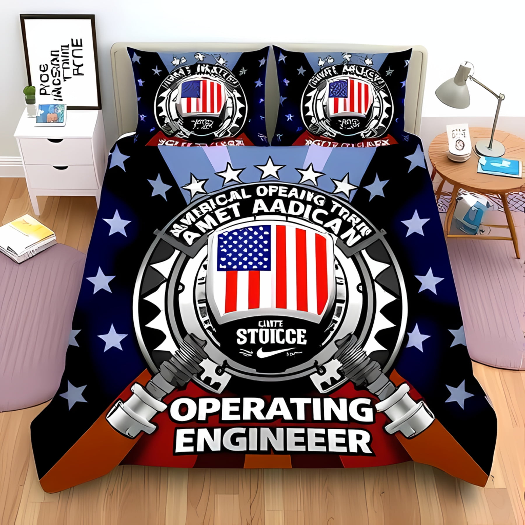 3-Piece Duvet Cover Set Featuring Bold and Engineering Graphics Dark Blue & Red Color Palette ...