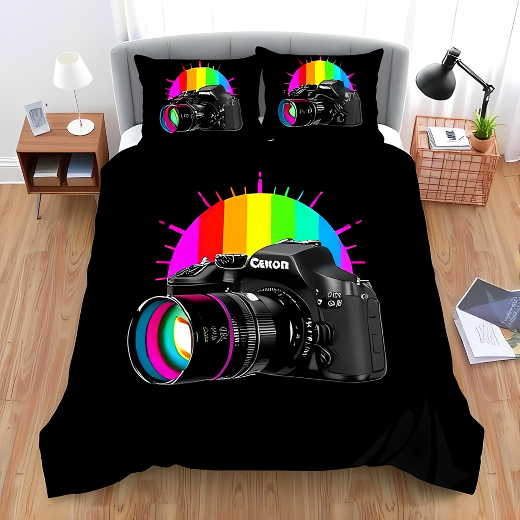 3-Piece Duvet Cover Set Featuring Camera Design with Colorful Rainbow ...