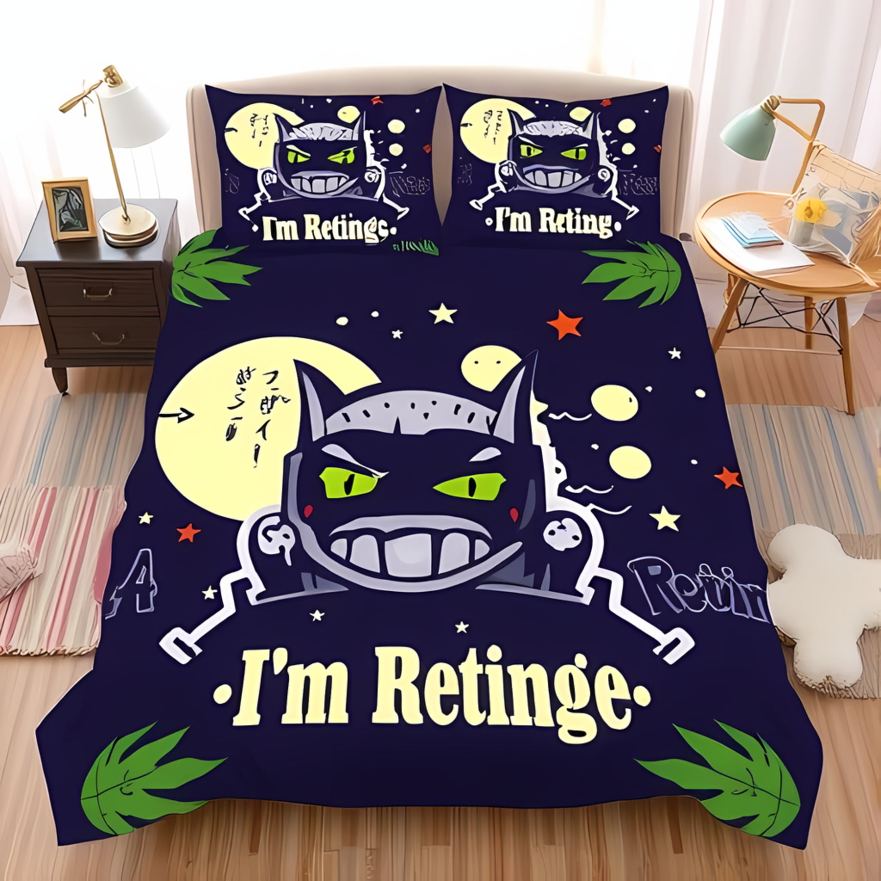 3-Piece Duvet Cover Set Featuring Cartoon Character with Green Eyes ...