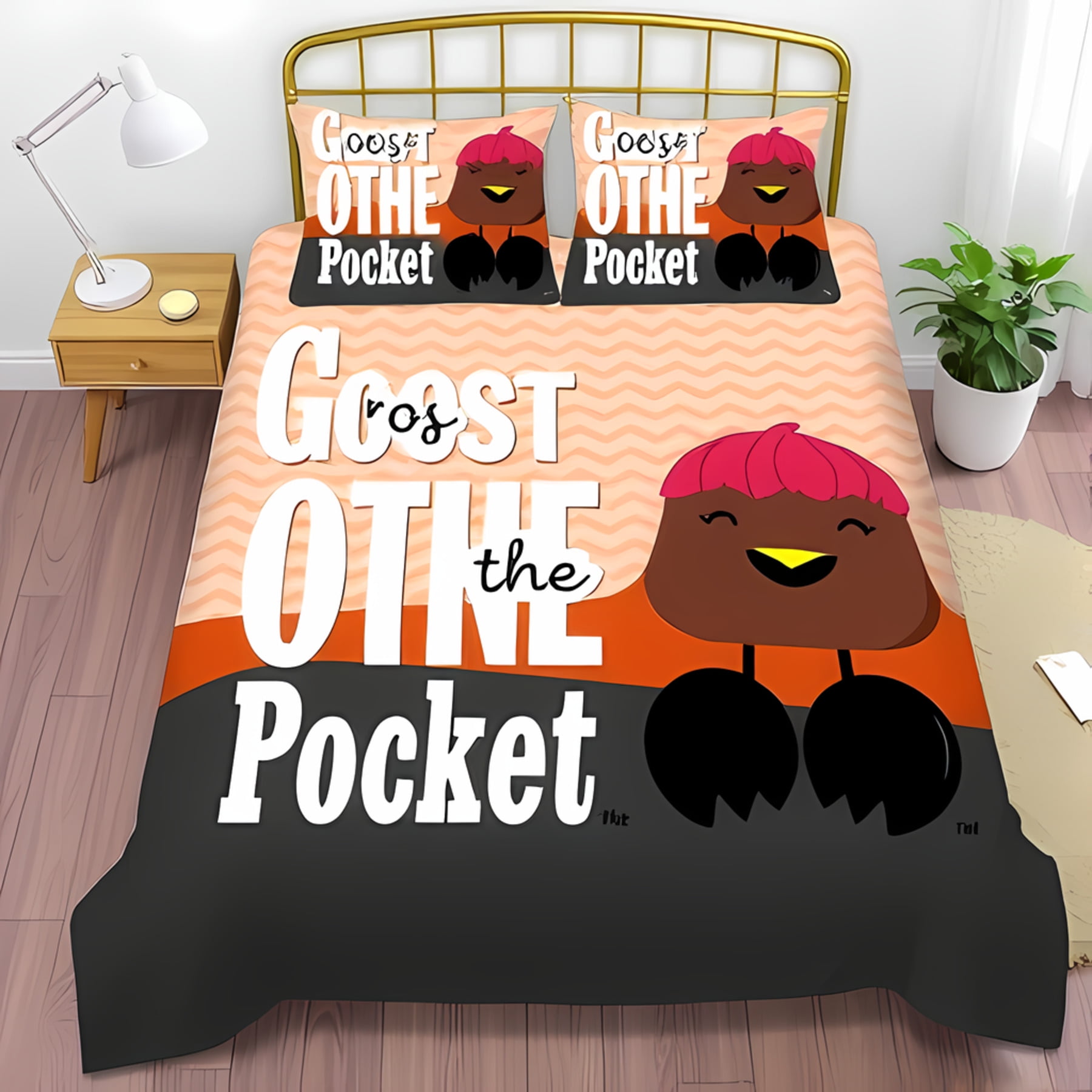 3-Piece Duvet Cover Set Featuring Cheerful Cartoon Character with Pink Hair Warm Orange & Black ...