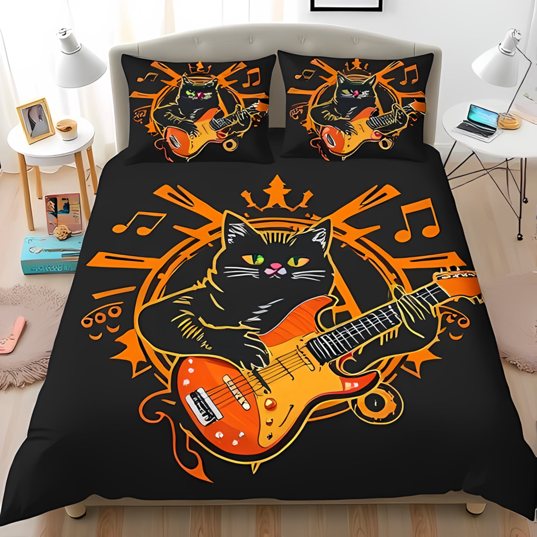 3-Piece Duvet Cover Set Featuring Cool Black Cat Playing Electric ...
