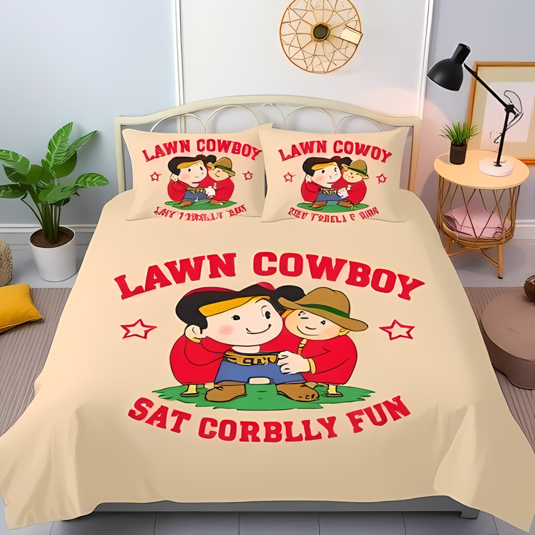3-Piece Duvet Cover Set Featuring Fun Cartoon Cowboy Design with " LAWN ...