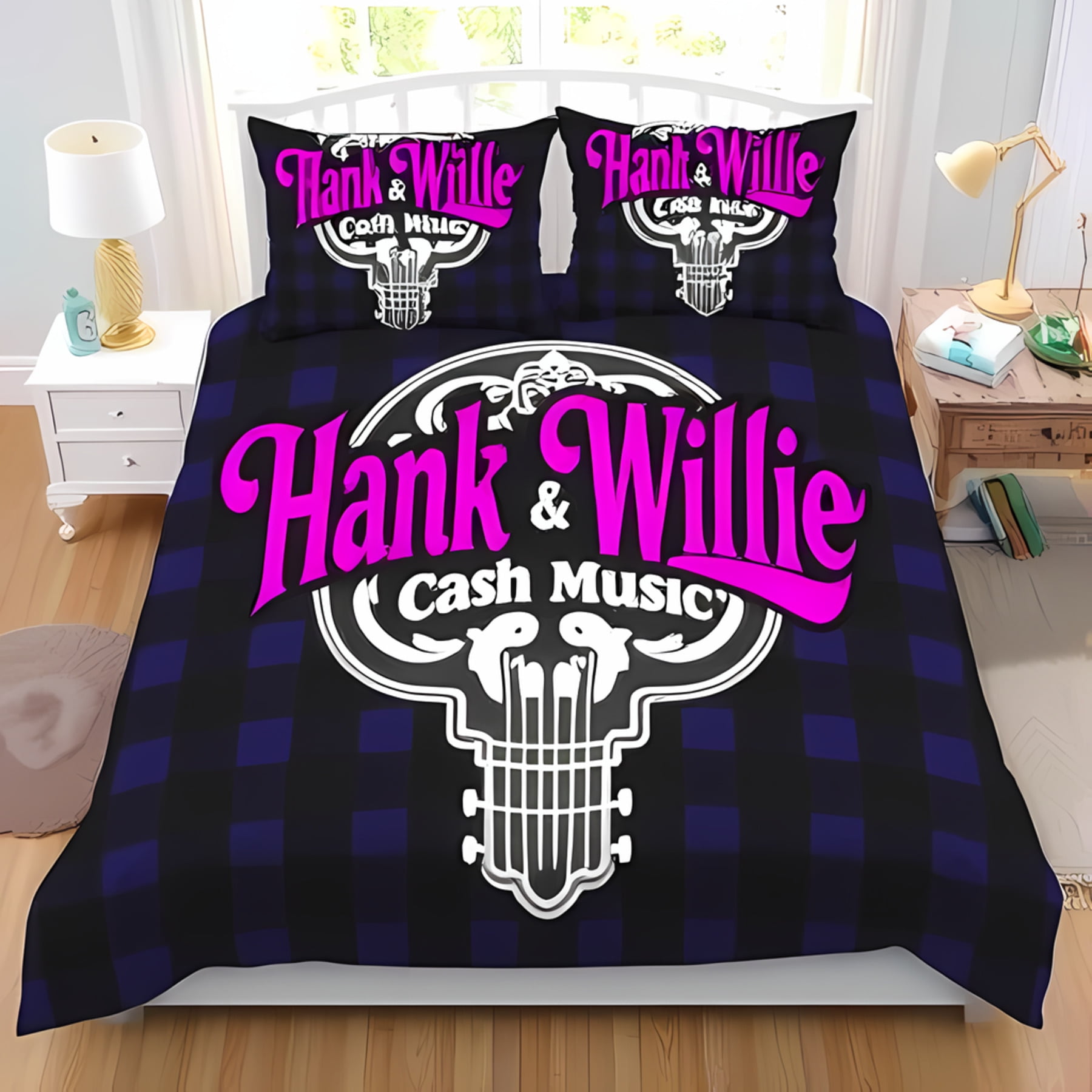 3-Piece Duvet Cover Set Featuring Hank & Willie - Bold Pink Country ...