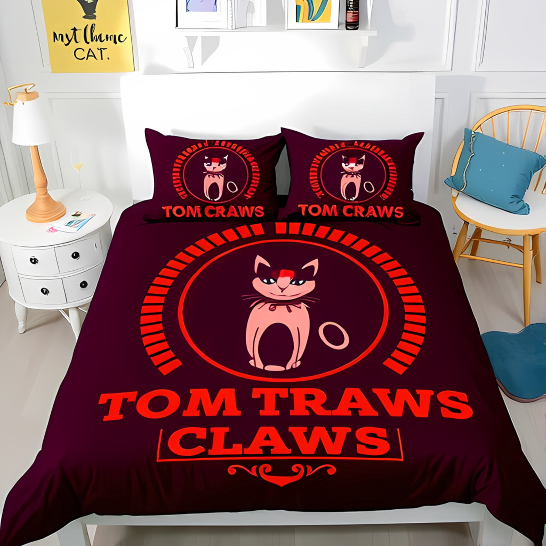 3-Piece Duvet Cover Set Featuring Playful Red and Orange Cat Design ...