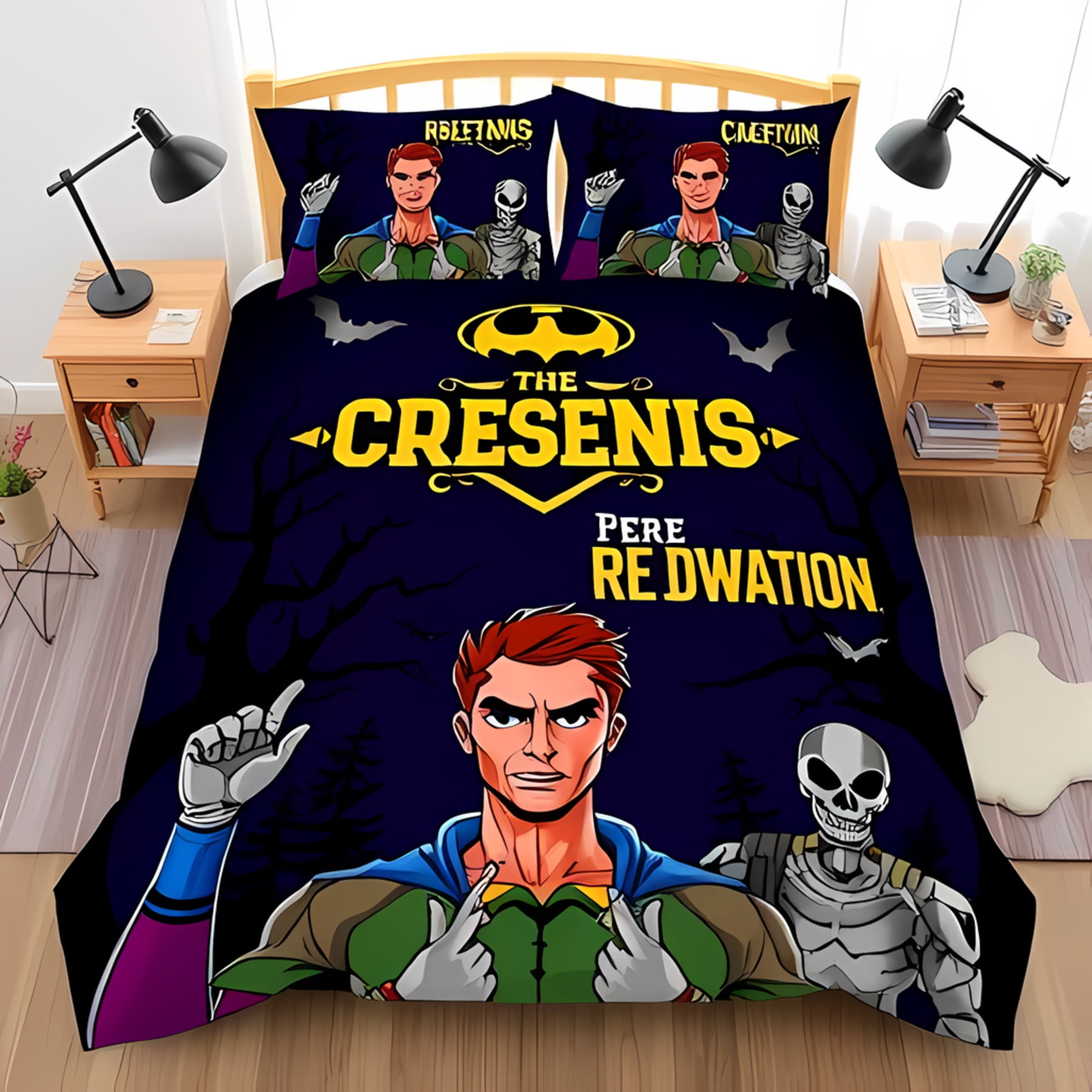 3-Piece Duvet Cover Set - Featuring Red - Haired Hero Skeleton and Bat ...