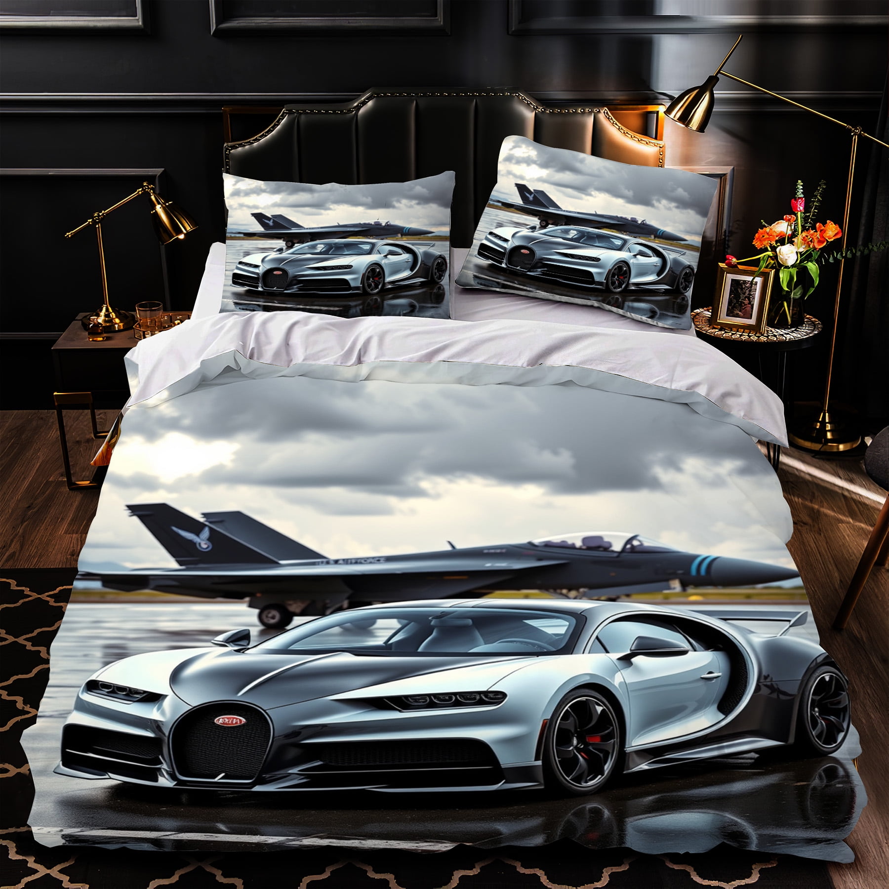 3-Piece Duvet Cover Set Featuring Sports Car & Fighter Jet Design on ...