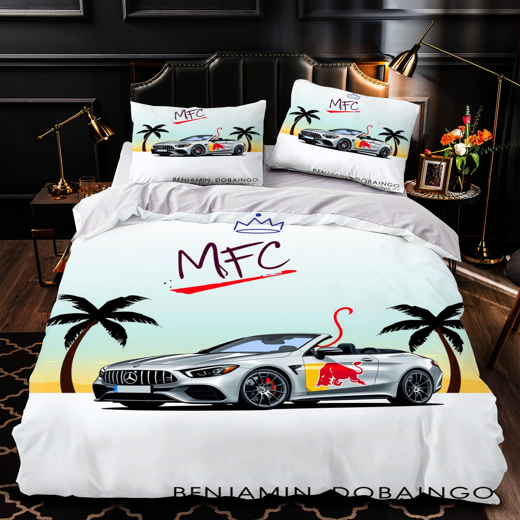 3-Piece Duvet Cover Set Featuring Stylish Silver Convertible Car with ...