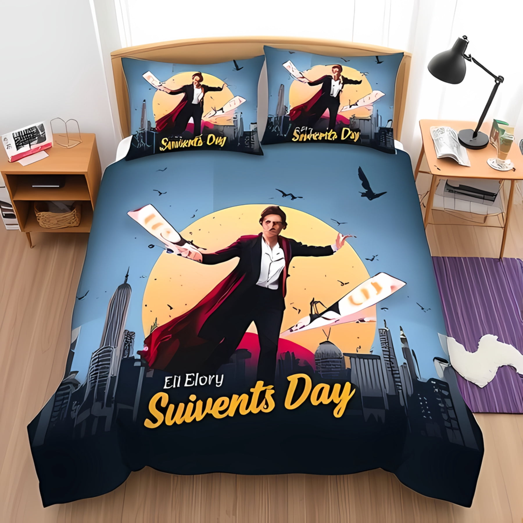3-Piece Duvet Cover Set Featuring Vibrant Design with City & Oversized ...