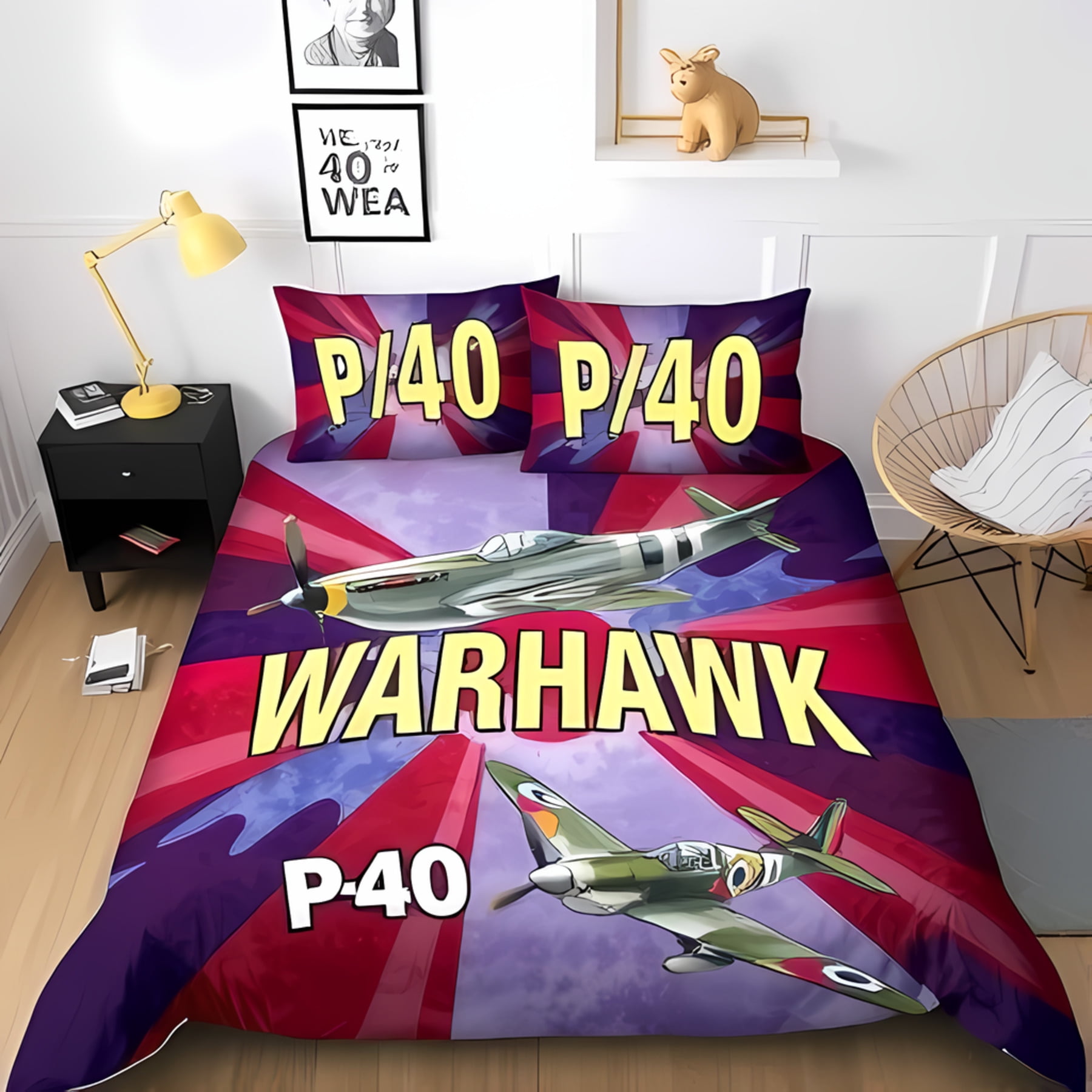 3-Piece Duvet Cover Set Featuring Vibrant P-40 Warhawk Aircraft Design ...