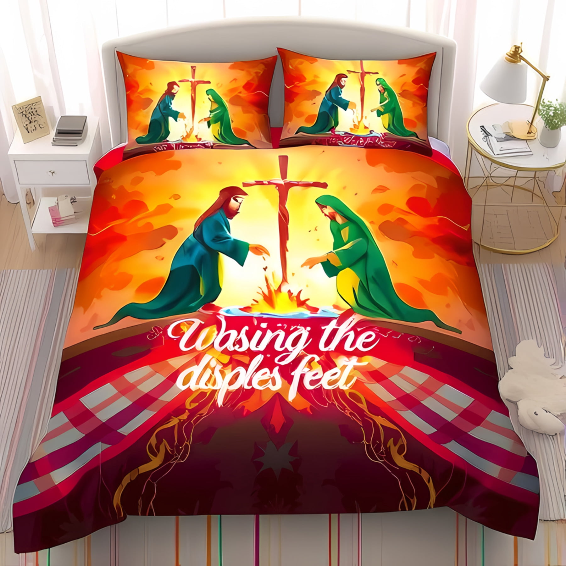 3-Piece Duvet Cover Set Featuring Washing Feet - Vibrant Biblical Scene ...