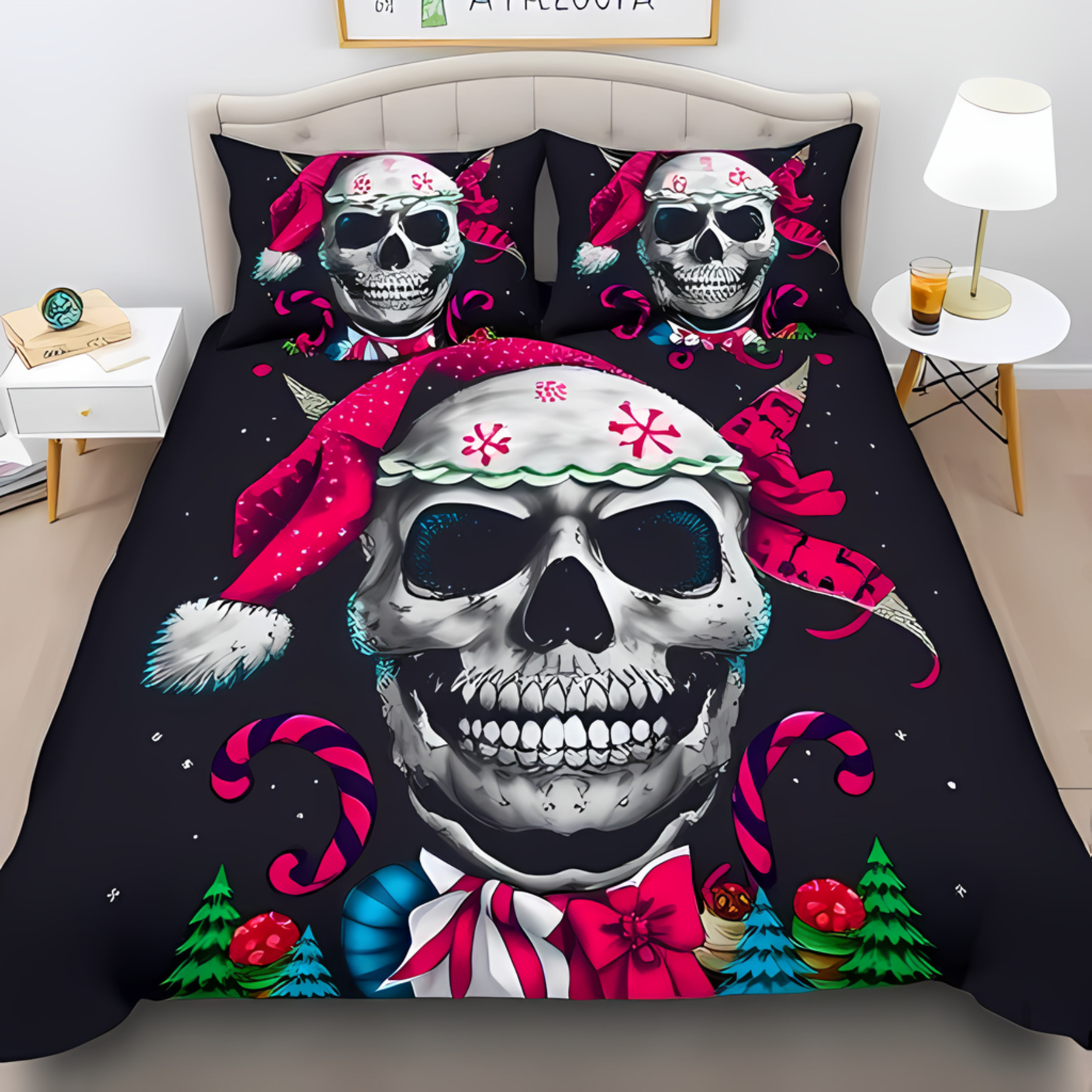 3-Piece Duvet Cover Set - Festive with Santa Hat Candy Canes ...