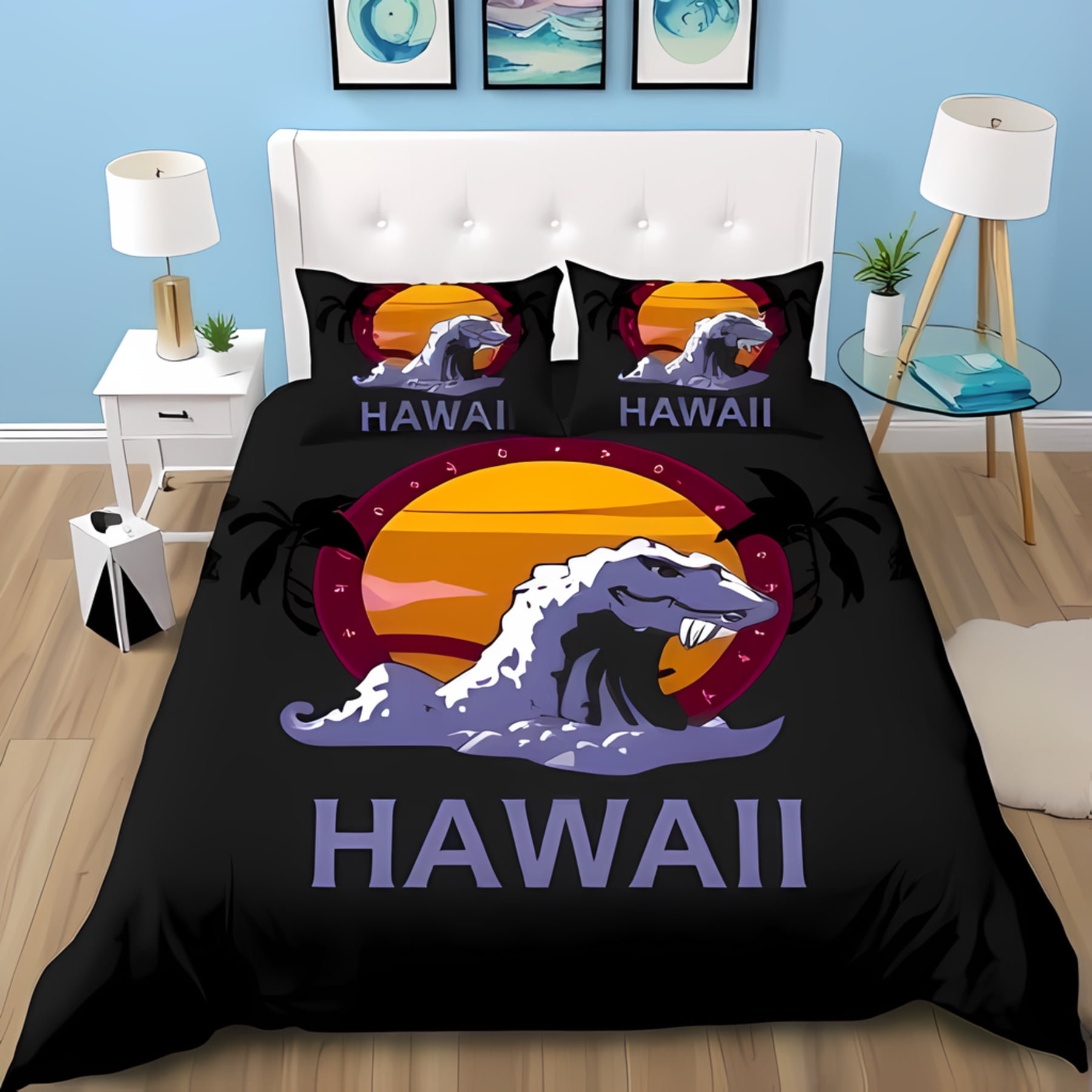 3-Piece Duvet Cover Set - Fierce Wave Design with Trees & Sunset ...