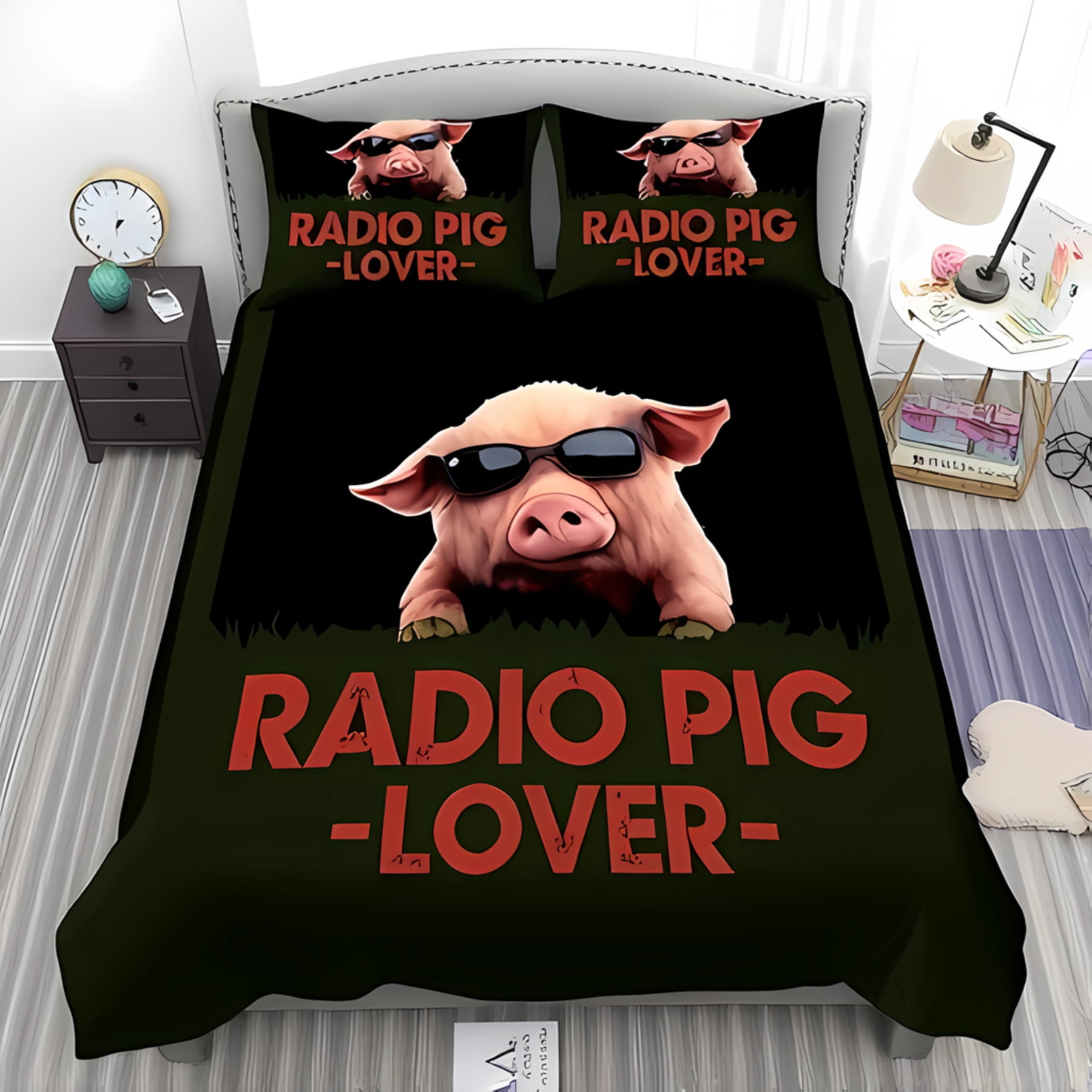 3-Piece Duvet Cover Set - Fun Cartoon Pig Design with "RADIO PIG LOVER ...