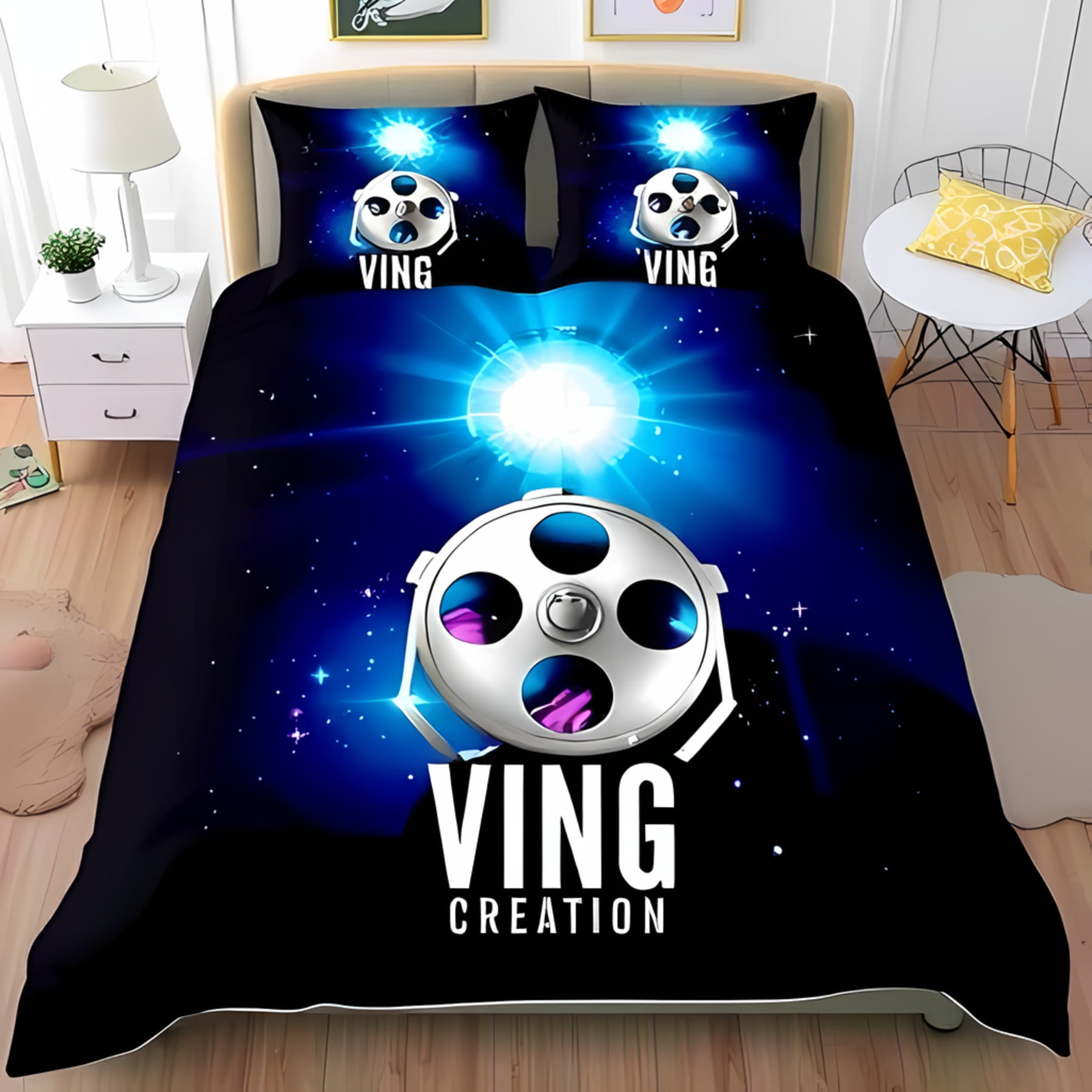 3-Piece Duvet Cover Set - Futuristic Wheel Design on Starry Blue ...