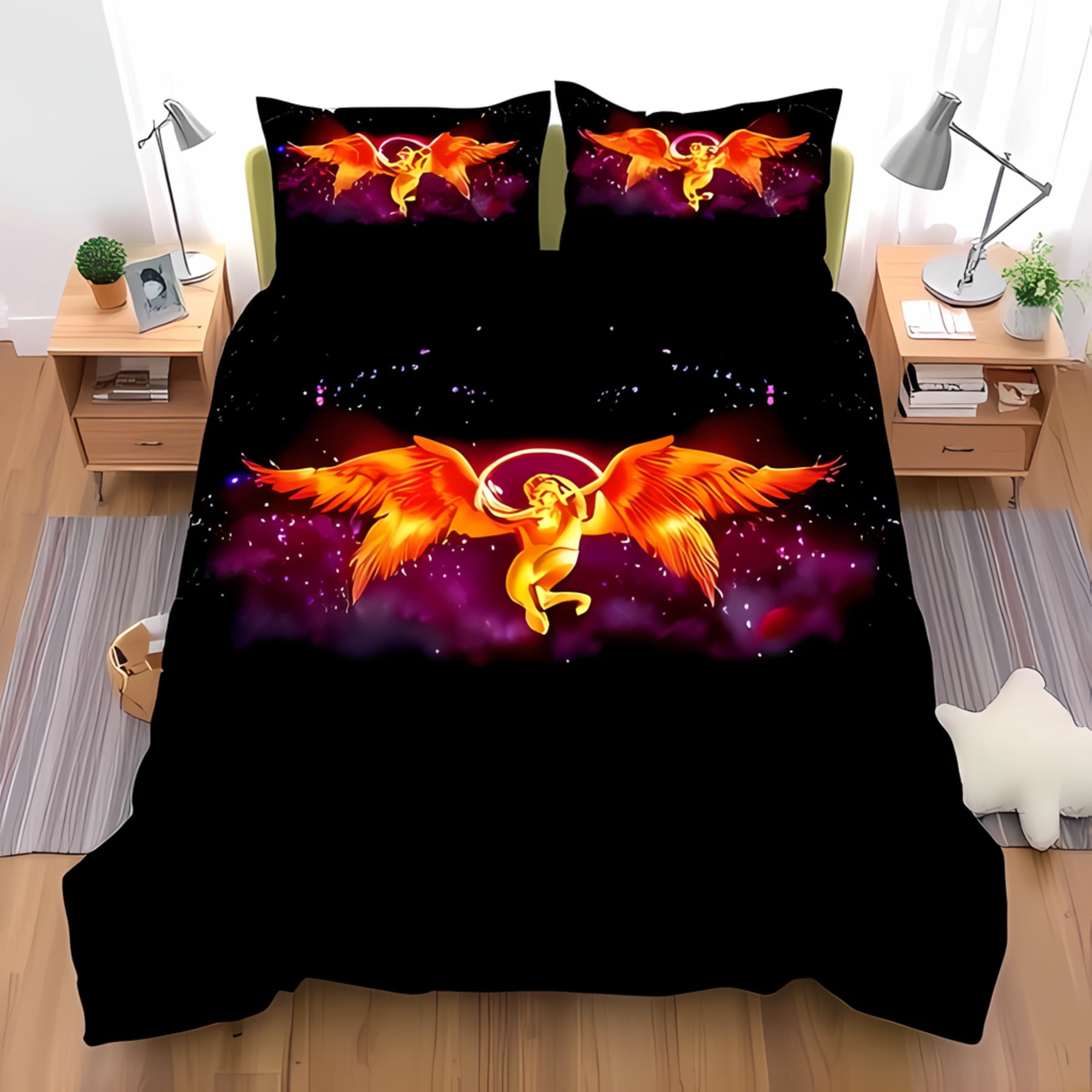 3-Piece Duvet Cover Set - Golden Angel Design with Background Includes ...