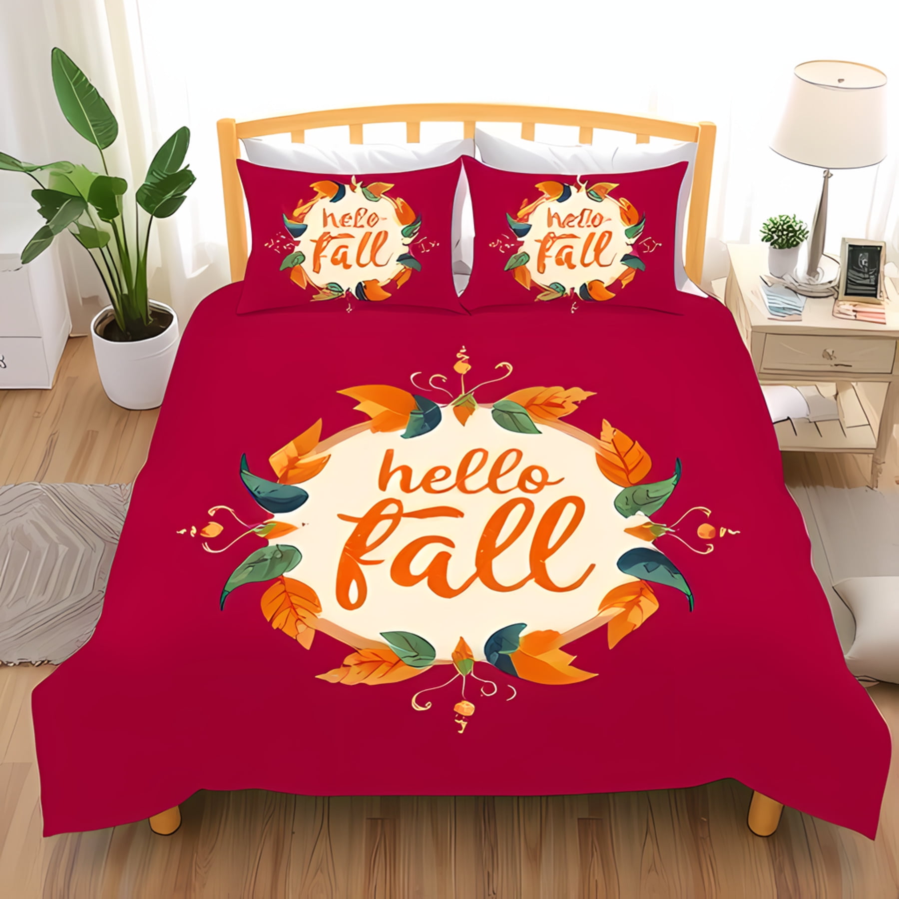 3-Piece Duvet Cover Set - " Hello Fall " Design with Autumn Leaves ...