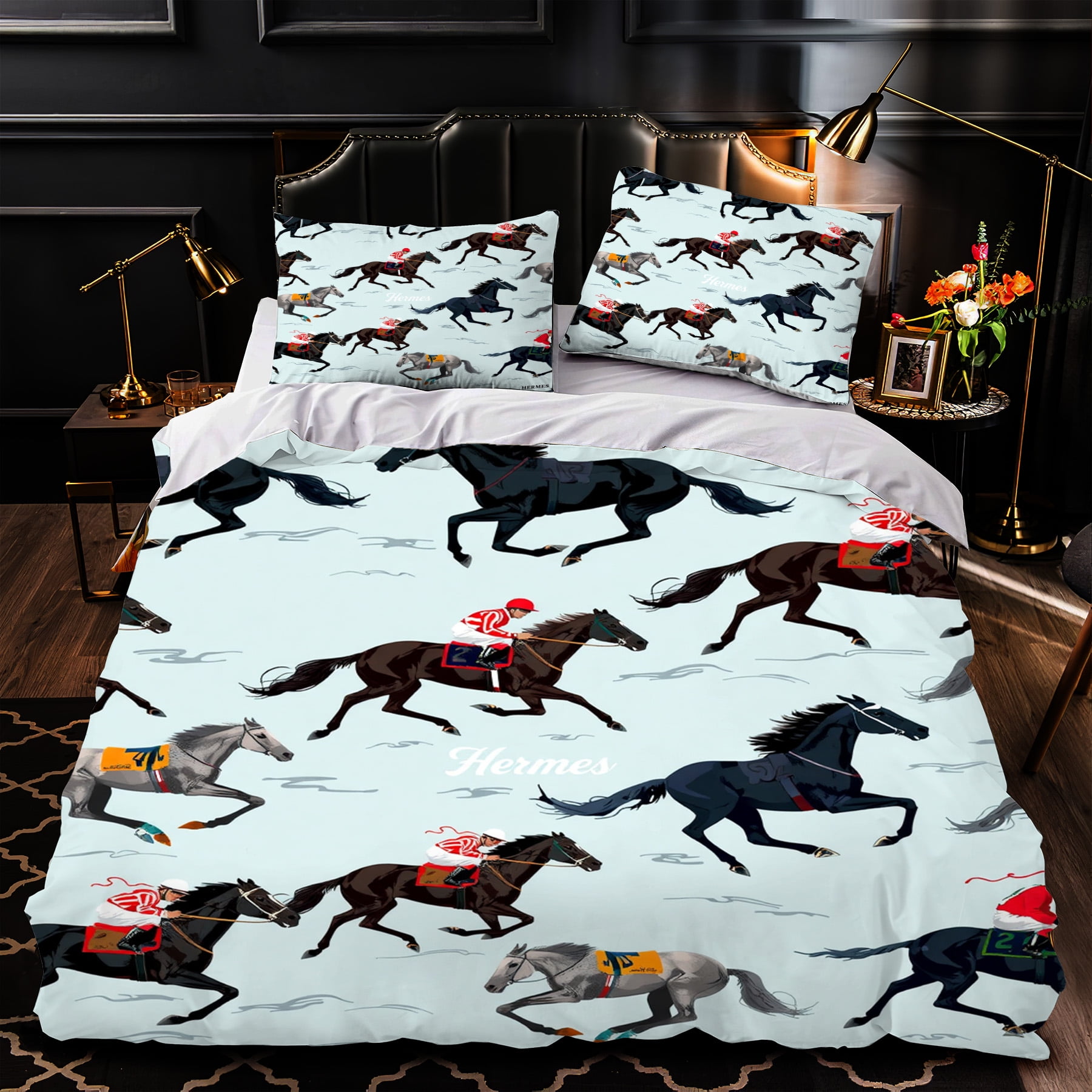 3-Piece Duvet Cover Set - Horse Racing Theme Bedding with Illustrations ...