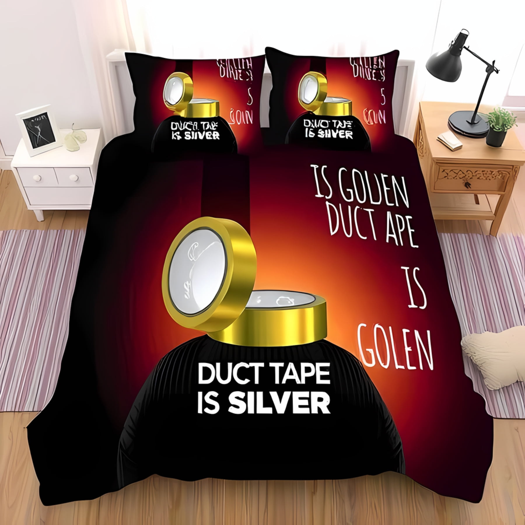 3-Piece Duvet Cover Set - Humorous Duct Tape Design with Bold Red ...
