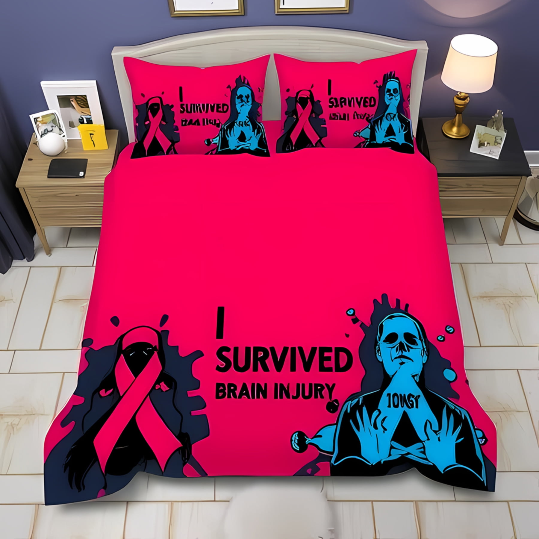 3-Piece Duvet Cover Set - " I Survived Brain Injury " with Pink Ribbon ...
