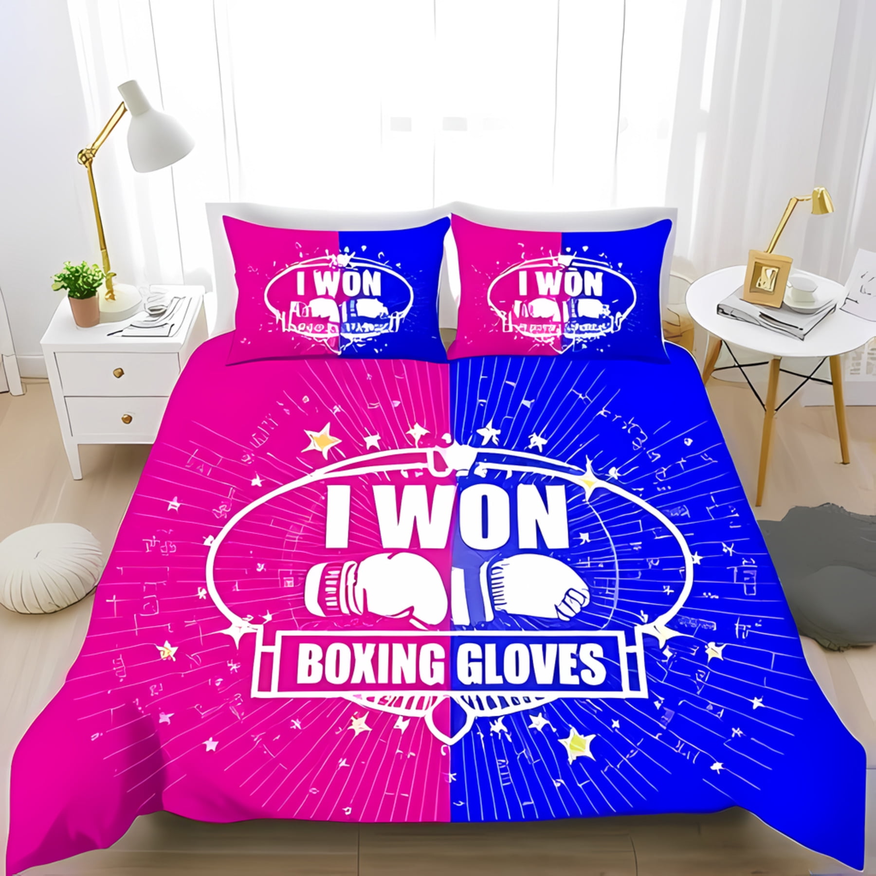 3-Piece Duvet Cover Set - " I WON " Boxing Gloves Design Bright Pink ...