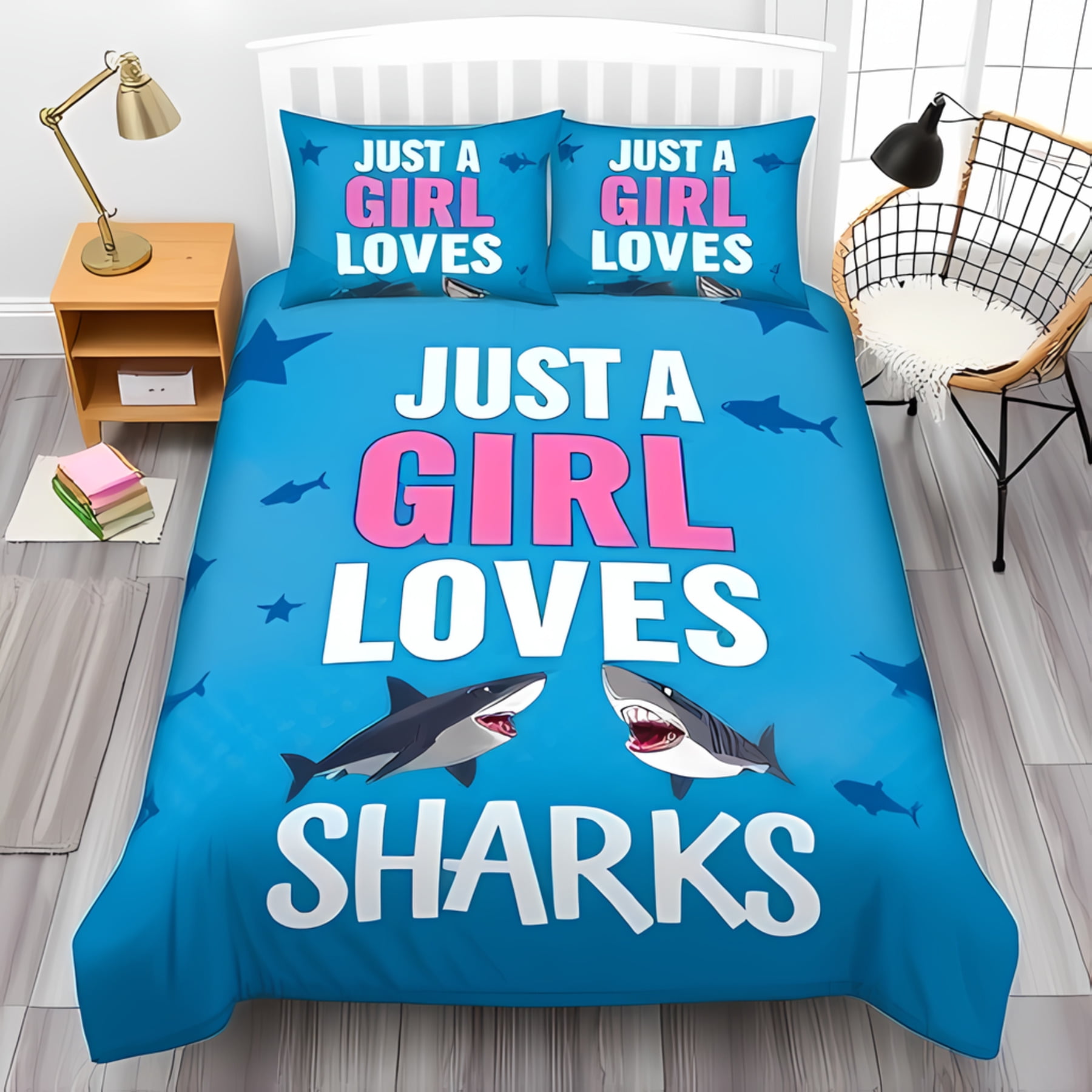 3-Piece Duvet Cover Set - "Just a Girl Loves Sharks" - Fun & Colorful ...
