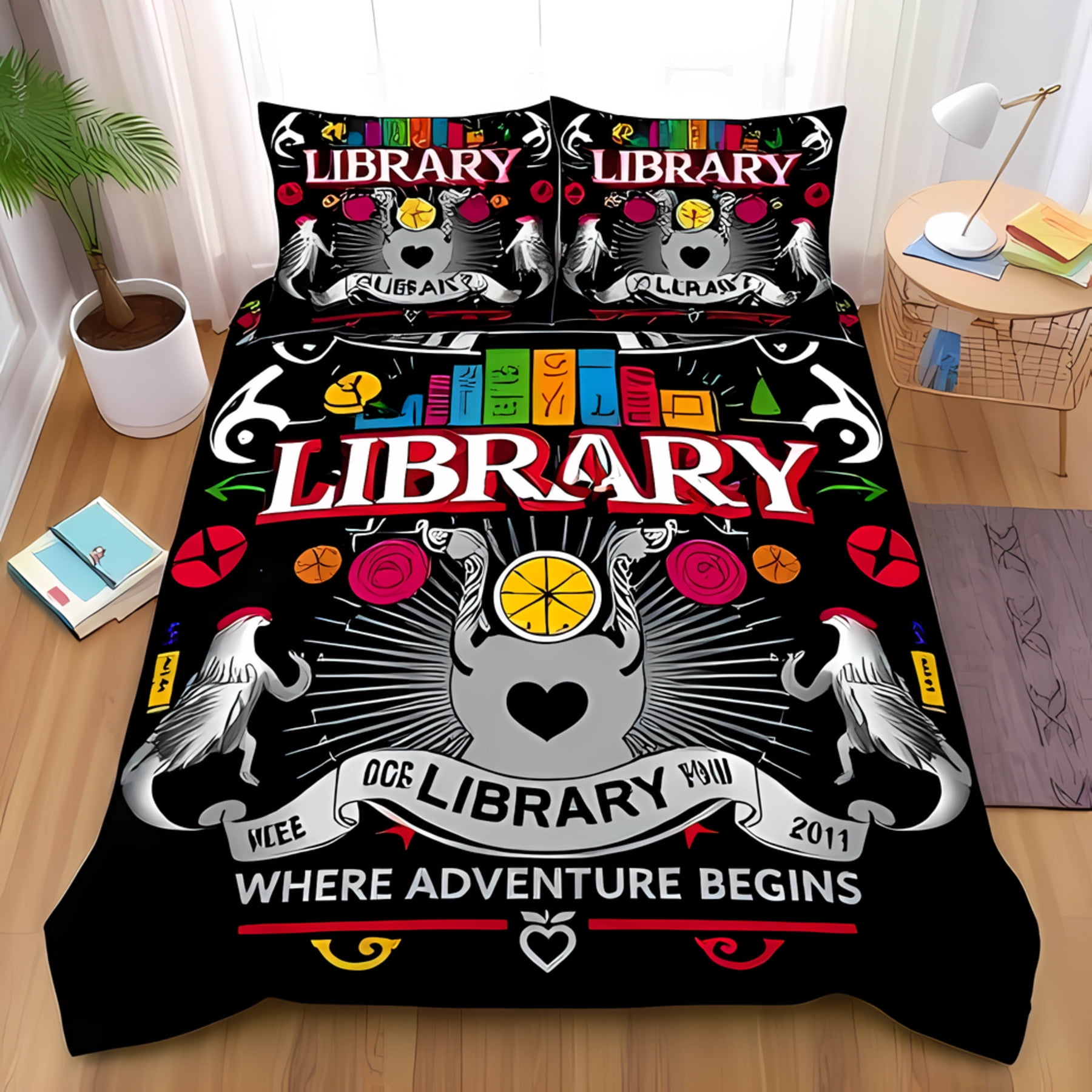 3-Piece Duvet Cover Set - Library Theme with Bold 'LIBRARY' Design ...