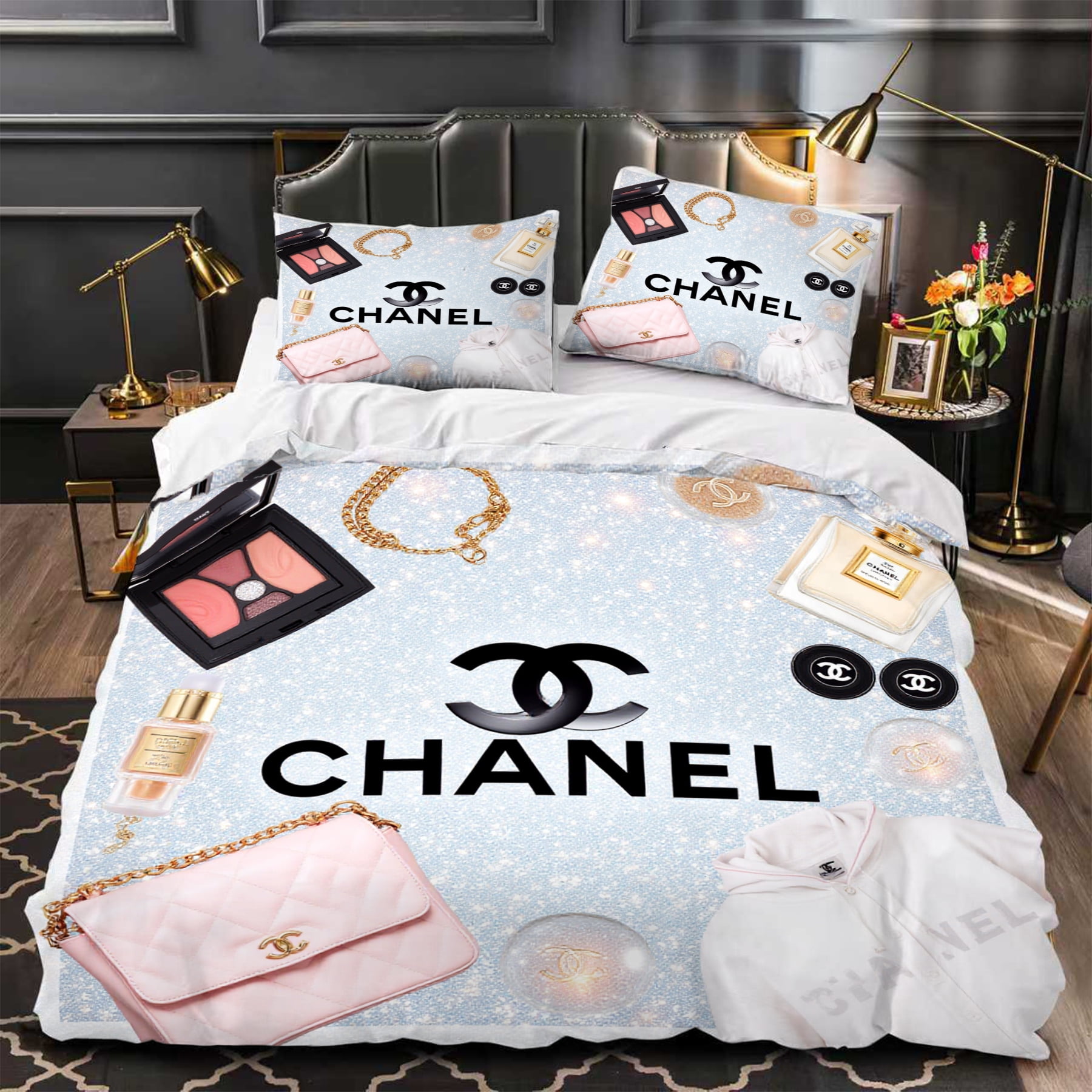 3-Piece Duvet Cover Set - Light Blue Bedding with Iconic Logos Handbags ...