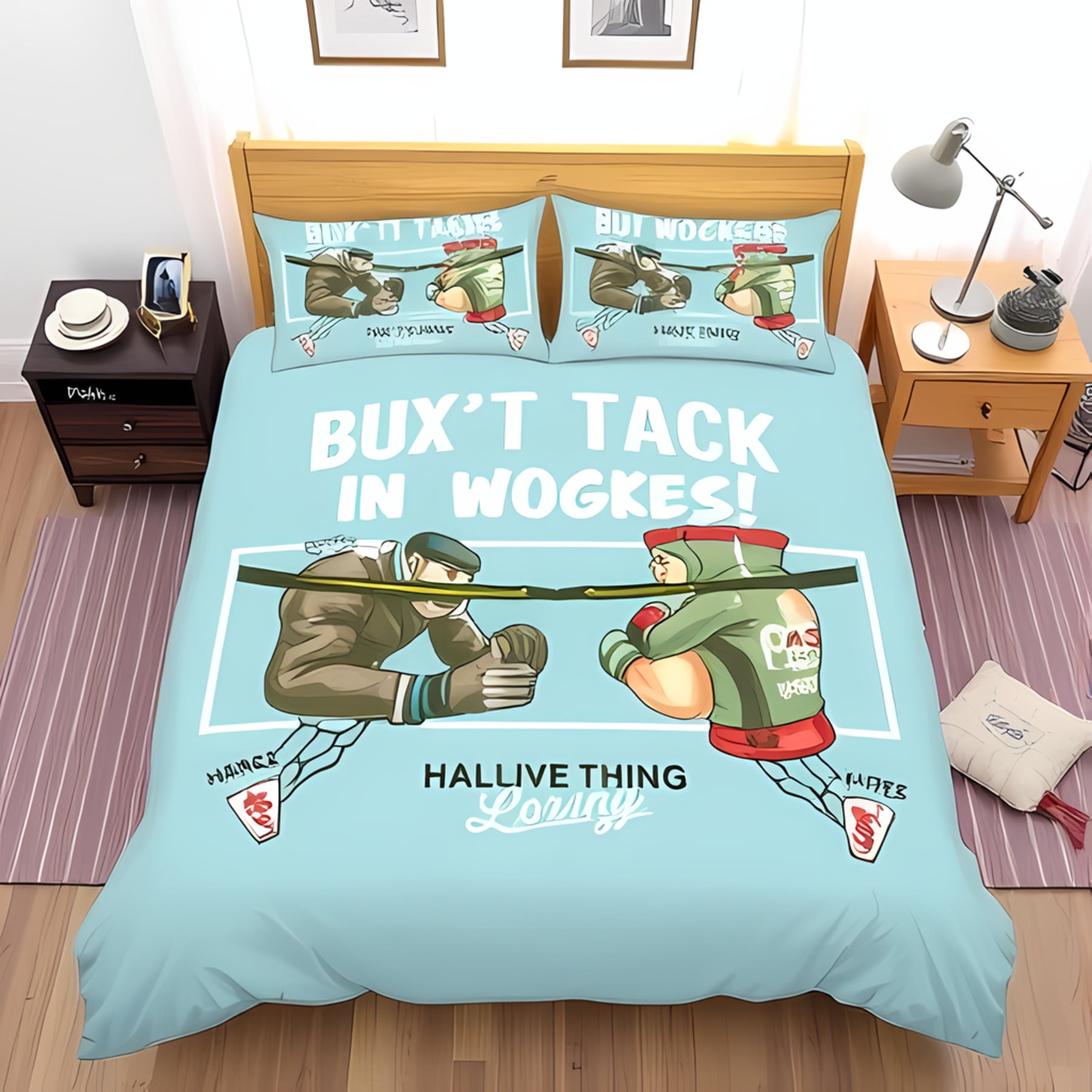 3-Piece Duvet Cover Set - Light Blue Cartoon Boxers Design with 'BUX'T ...